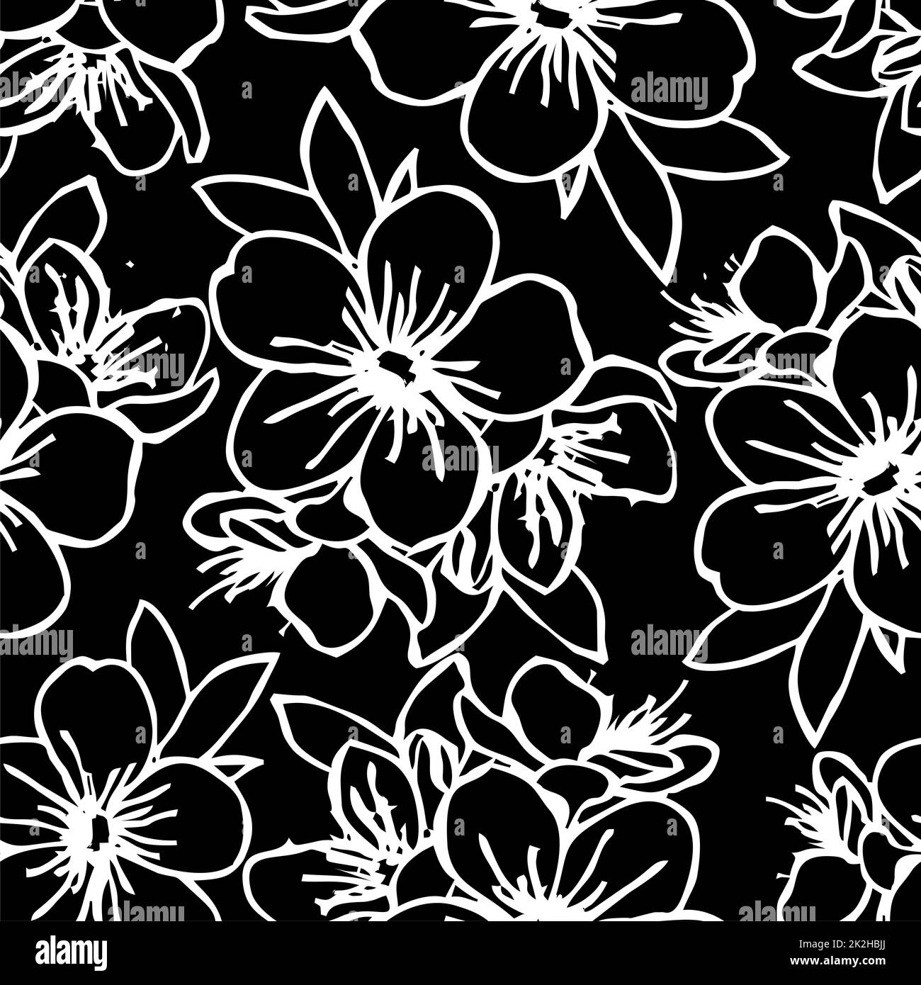 seamless contour pattern of large white graphic flowers on a black ...