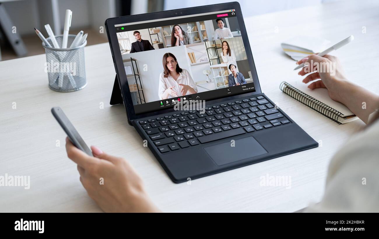 Business webinar. Video chat. Distance education. Woman watching online ...