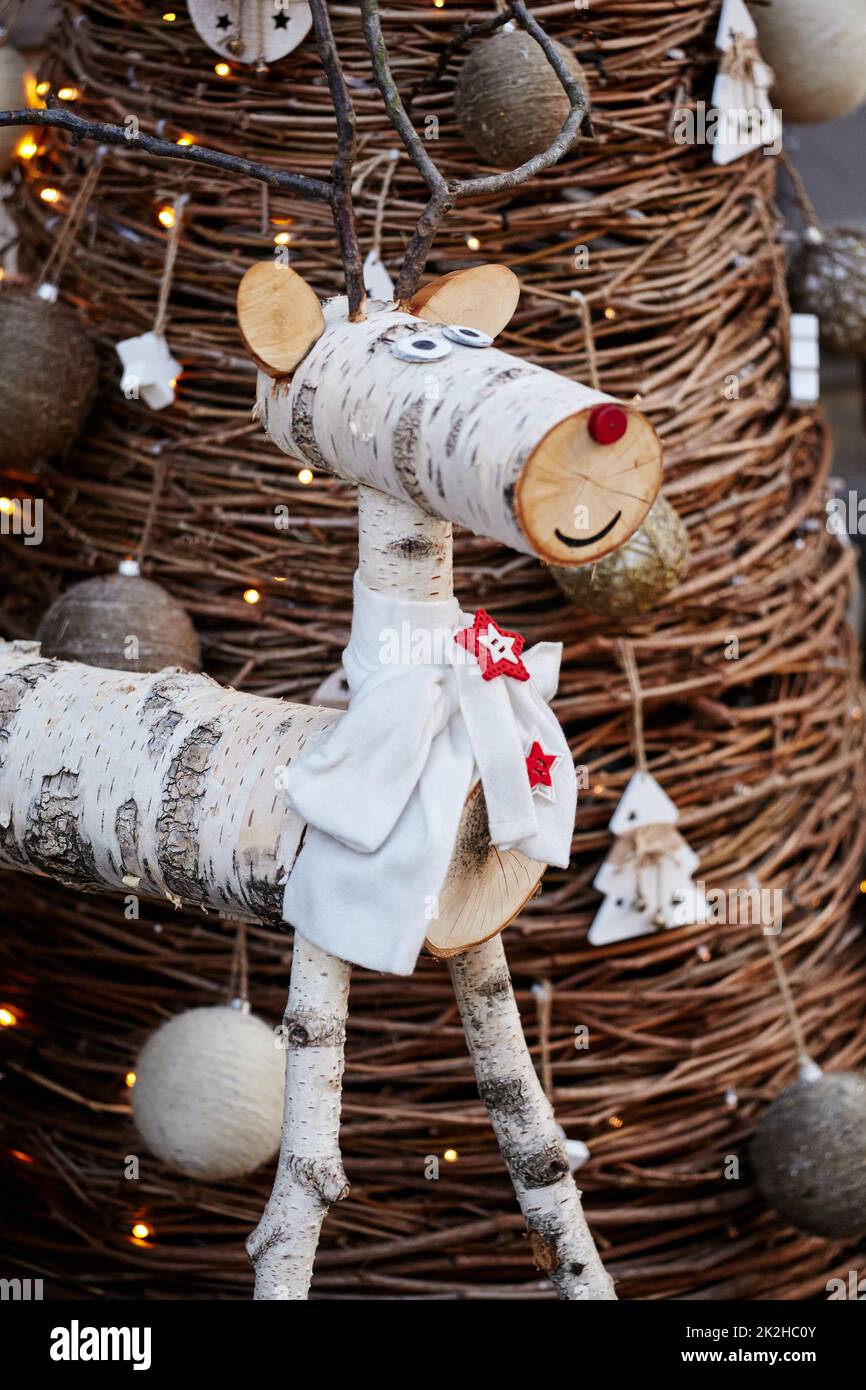 Birch Decorative Reindeer. Outdoor christmas decorations Stock Photo ...