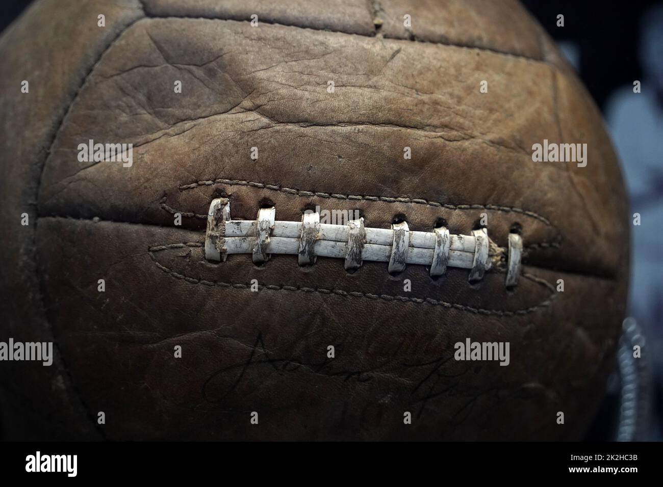 old vintage soccer ball made of leather close up detail Stock Photo - Alamy