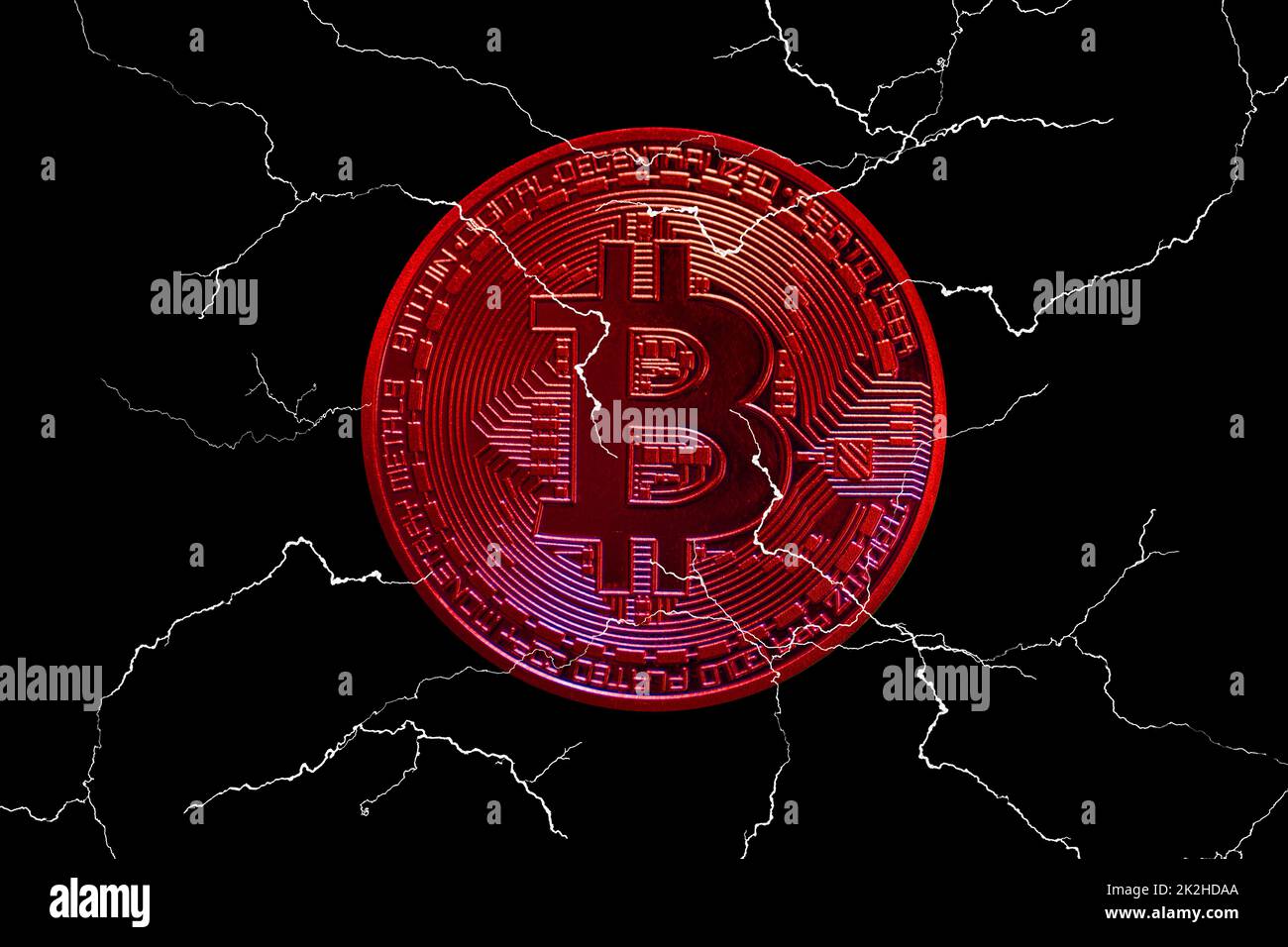 red single bitcoin from crypto currency during falling market with many ...