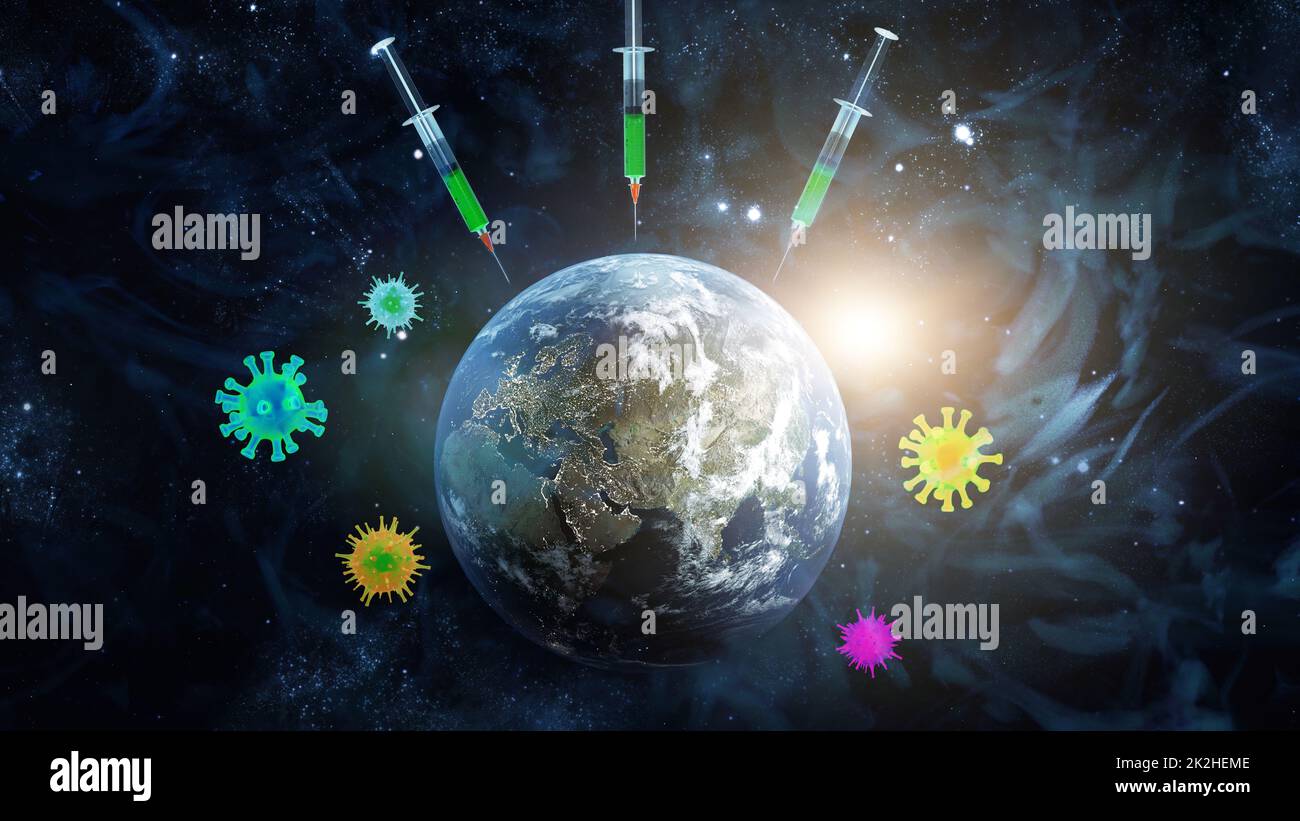 Medical syringe with a needle vaccinated the planet Earth. 3D rendering ...