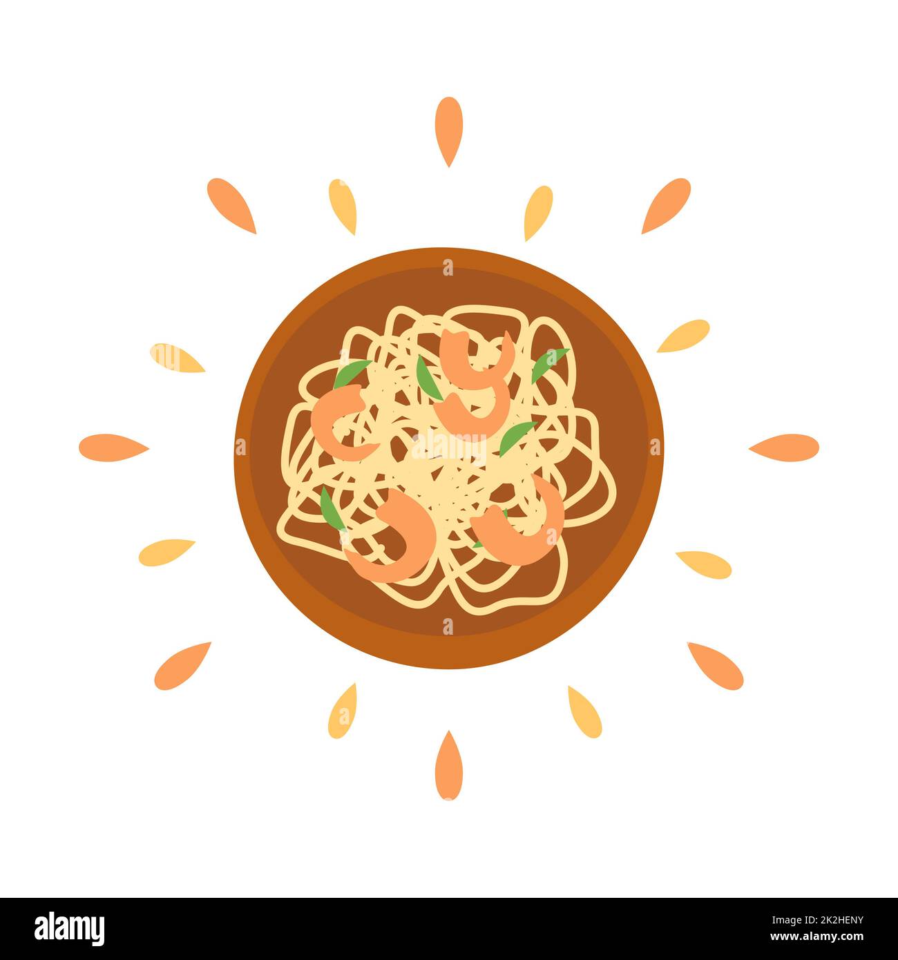 Abstract icon juicy spaghetti with shrimp with splashes isolated on ...