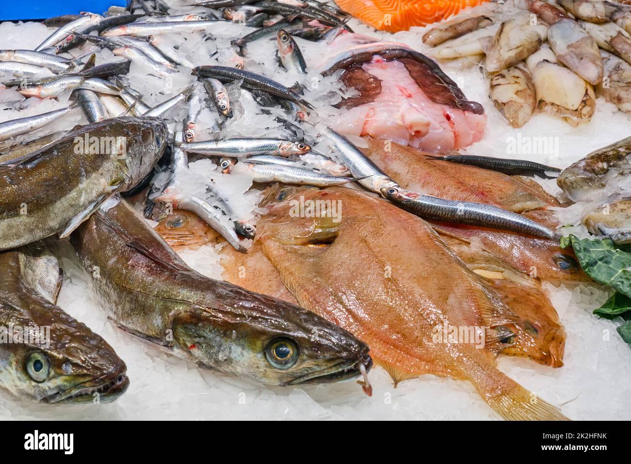 Fresh fish for sale seen at a market in Barcelona, Spain Stock Photo ...