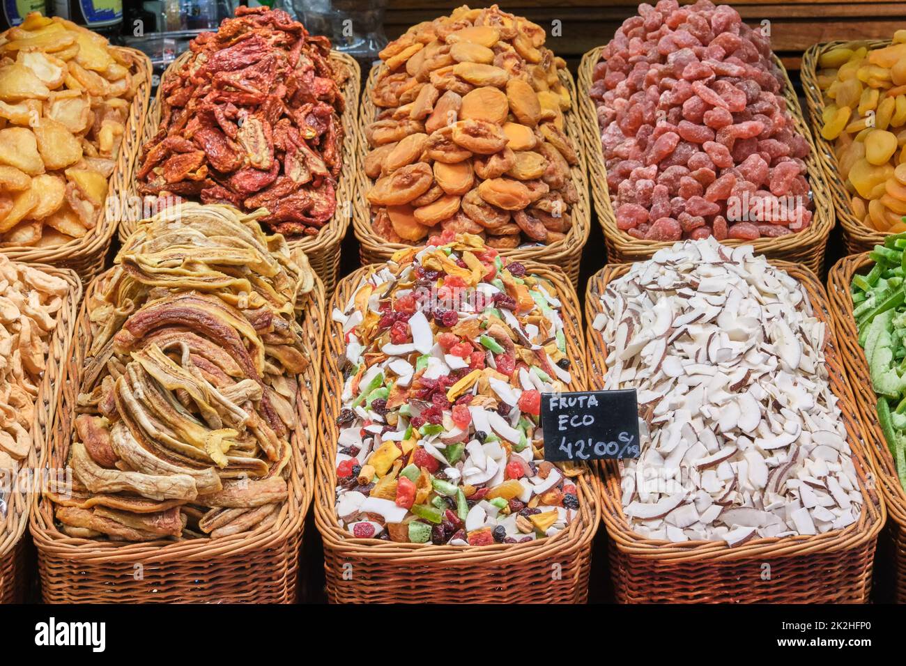 Great choice of dried fruits for sale at the Boqueria market in ...