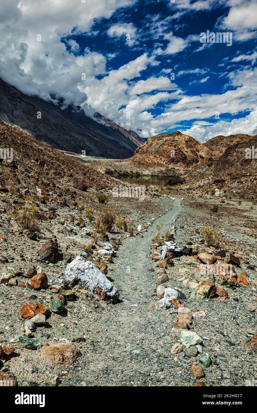 Foot path to sacred lake Lohat Tso in Himalayas. Nubra valley, Ladakh ...