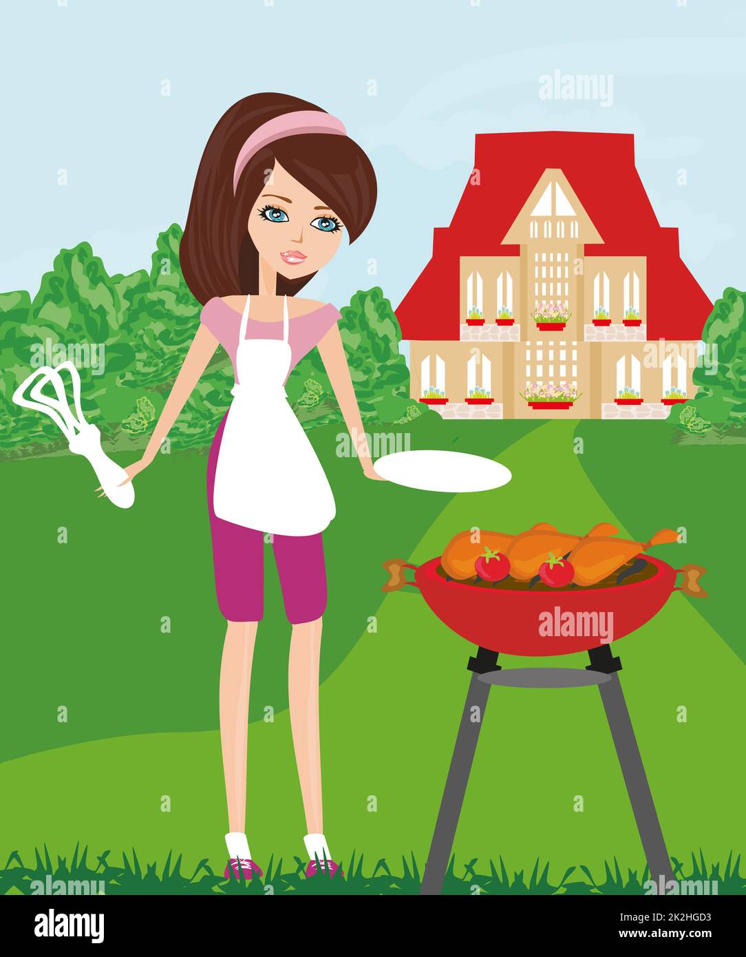 Woman cooking on a grill Stock Photo - Alamy