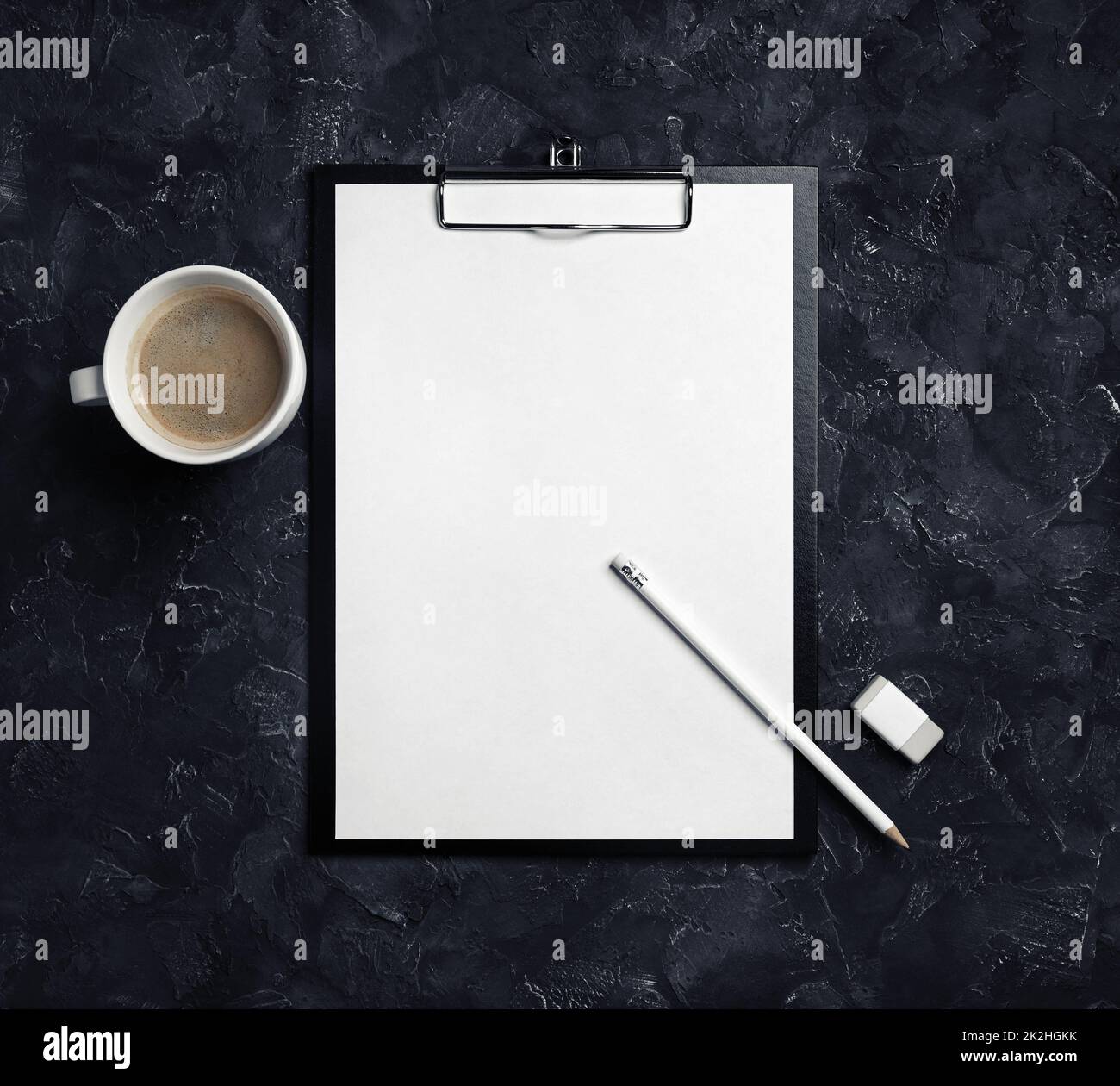 Clipboard, coffee cup, pencil, eraser Stock Photo - Alamy