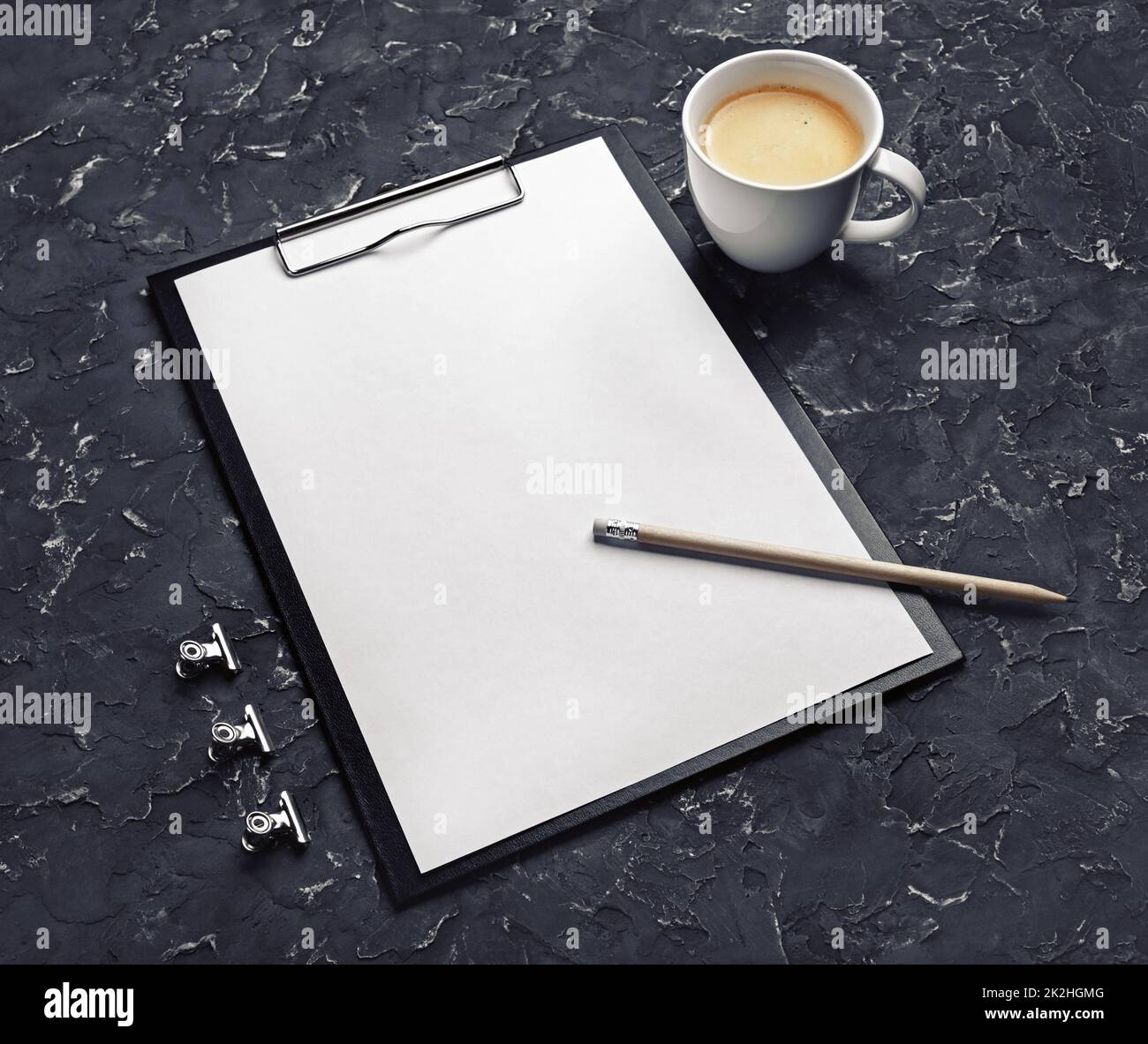 Clipboard, letterhead, pencil, coffee cup Stock Photo - Alamy