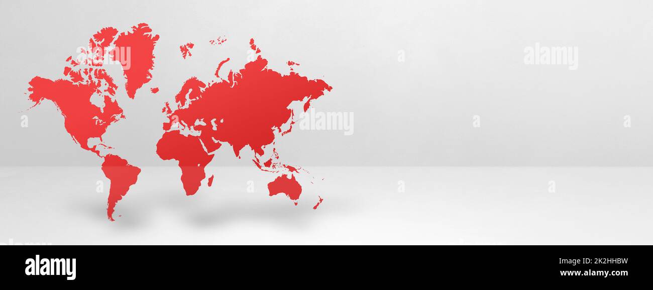 Red world map on white wall background. 3D illustration. Horizontal ...