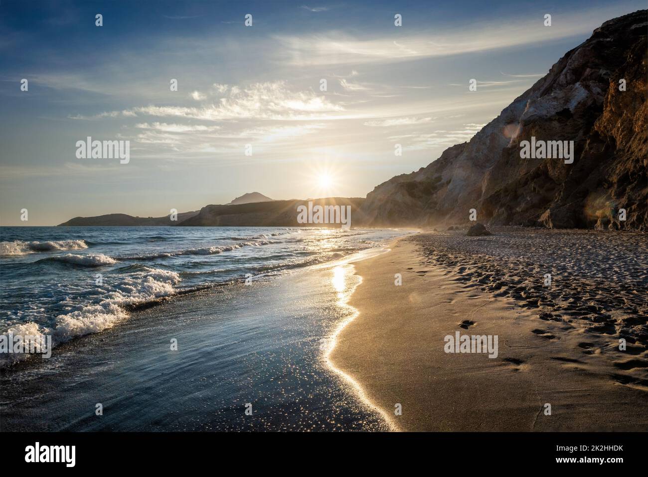 Fyriplaka beach on sunset, Milos island, Cyclades, Greece Stock Photo ...