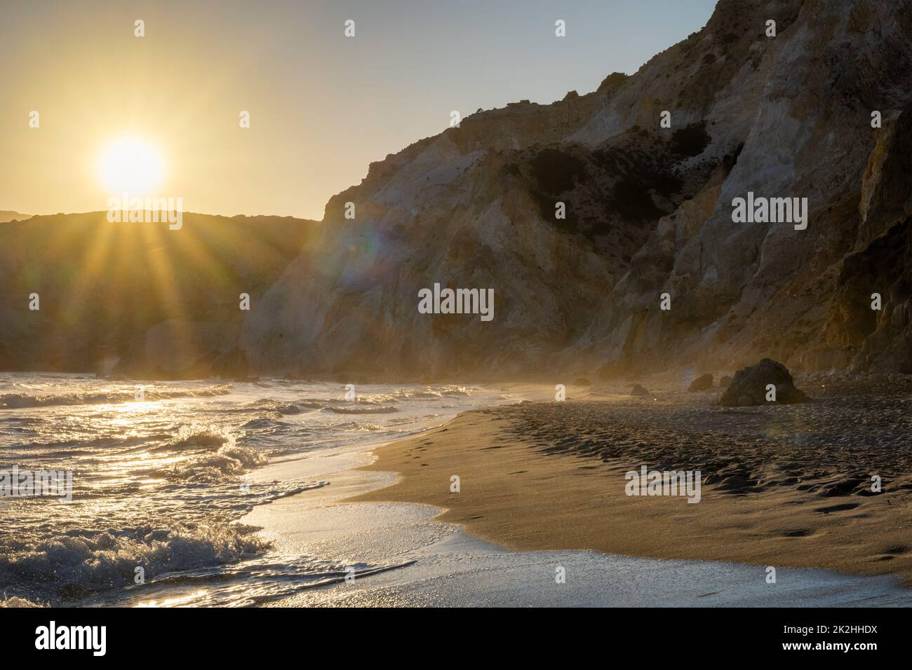 Fyriplaka beach on sunset, Milos island, Cyclades, Greece Stock Photo ...