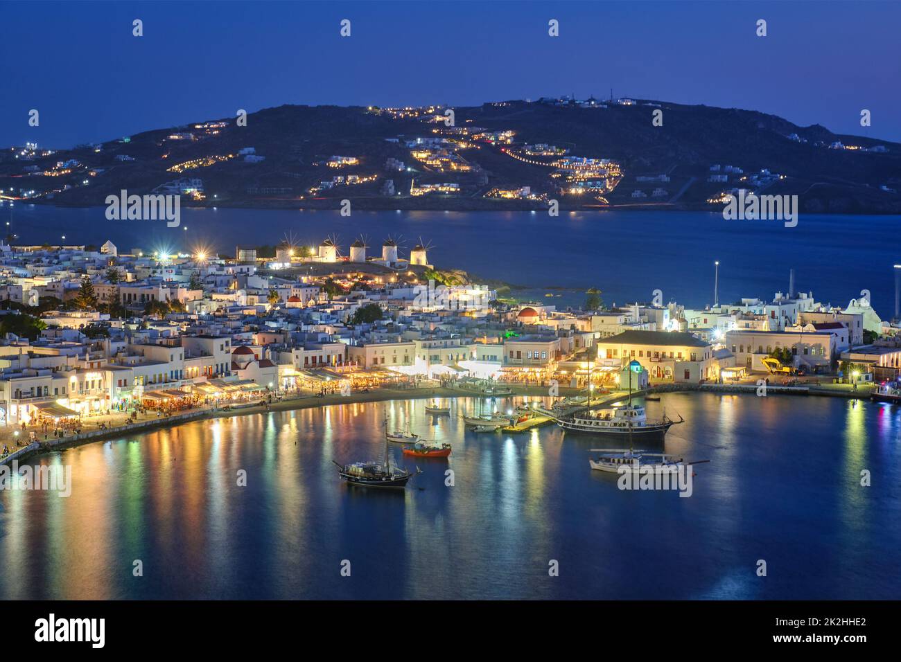 Mykonos island port with boats, Cyclades islands, Greece Stock Photo ...