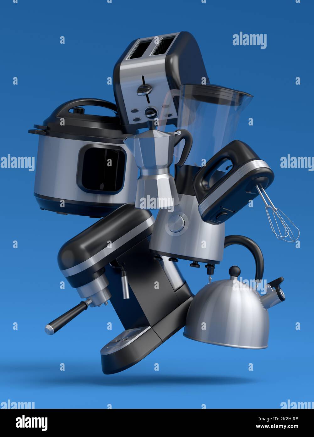 Electric kitchen appliances and utensils for making breakfast on blue ...