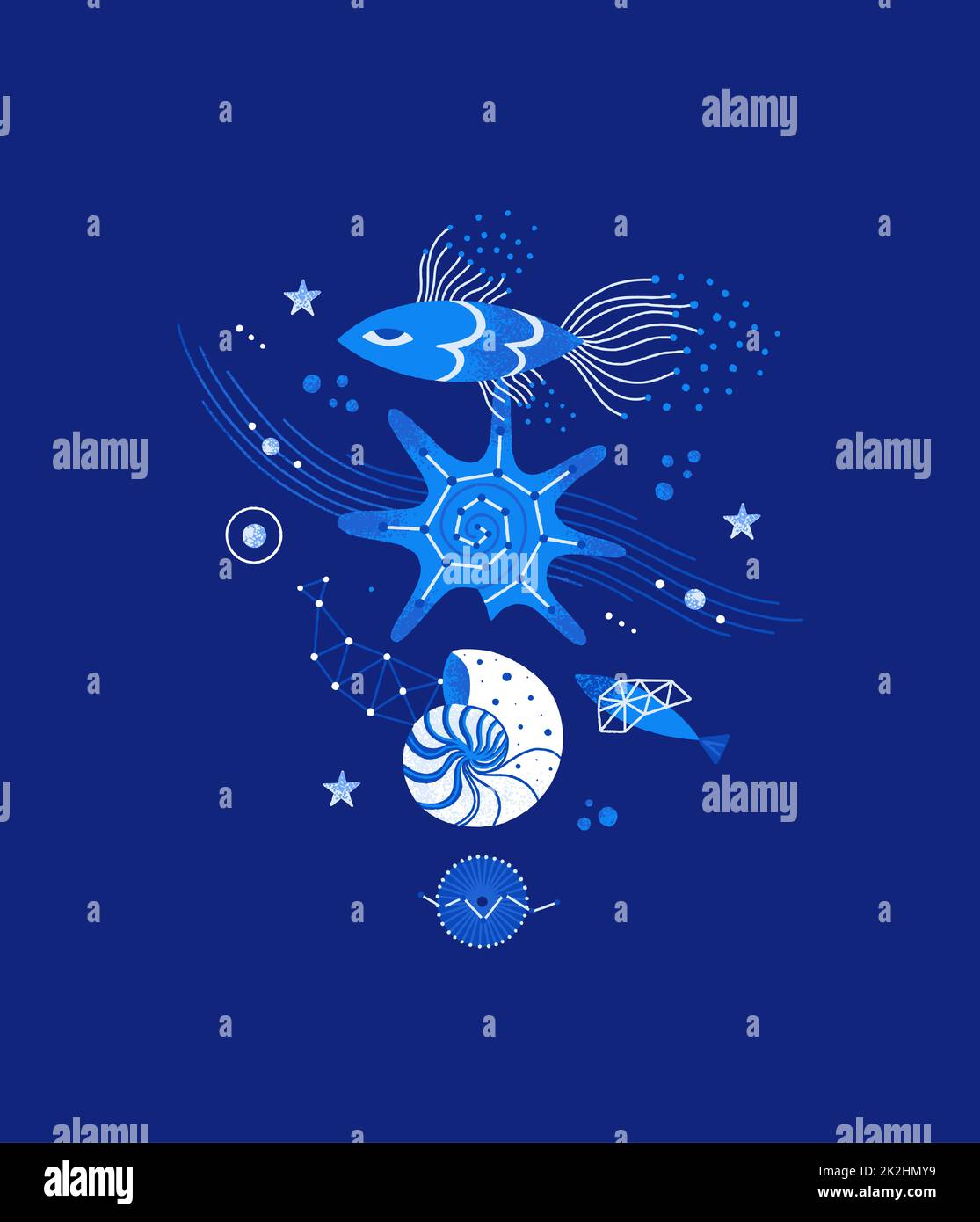 Cosmic fish and seashell. Magic underwater life. Space marine ...