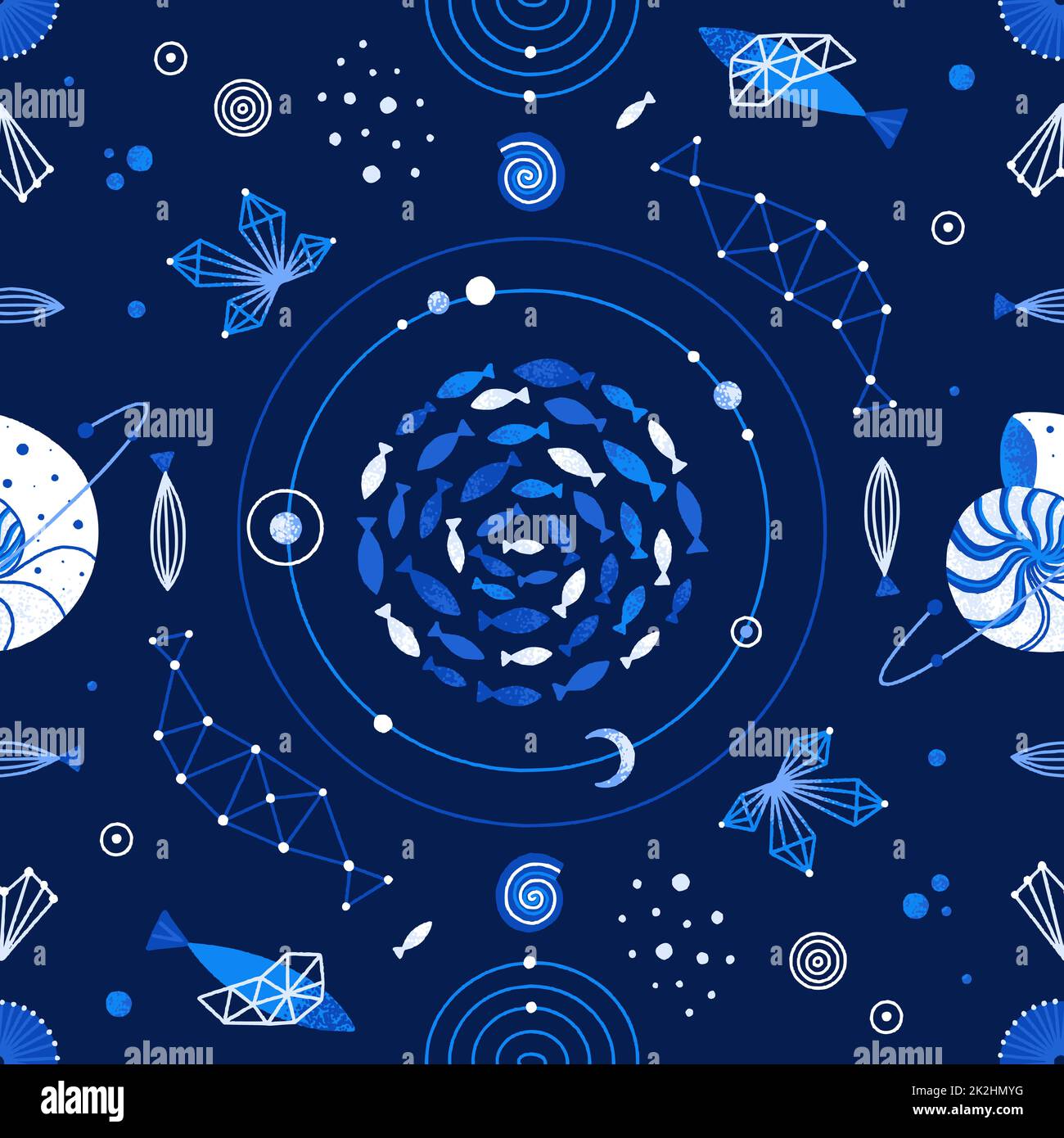 Vector seamless pattern of cosmic underwater life. Space blue ...