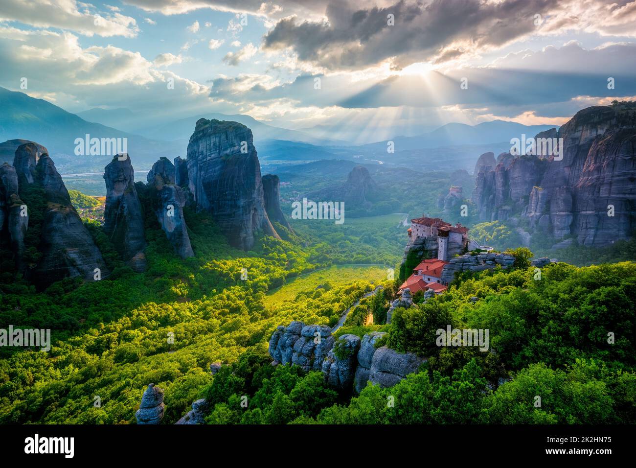 Sunset over monasteries of Meteora Stock Photo - Alamy