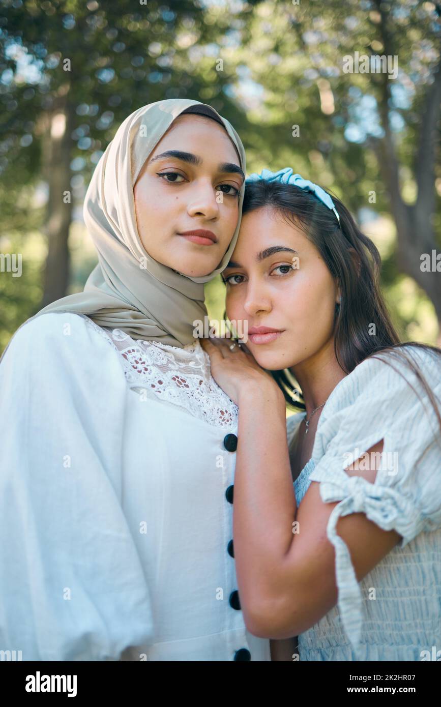 Friends portrait, muslim and woman in park for love, care and women ...