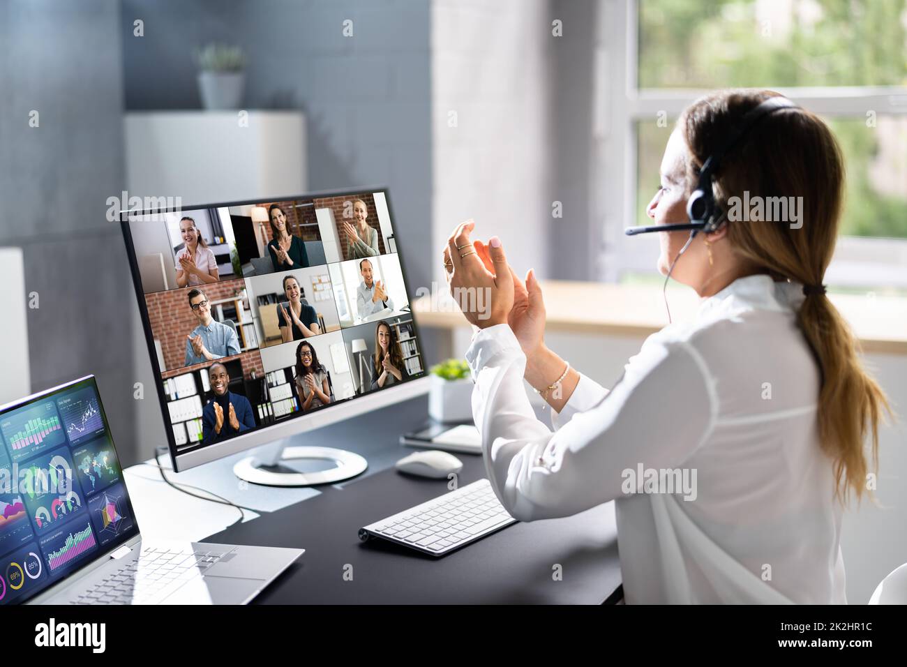 Online Video Conference Virtual Meeting On Multiple Screens Stock Photo ...