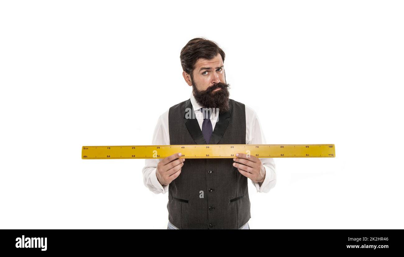Big size. Measure and control. bearded man with ruler isolated on white ...