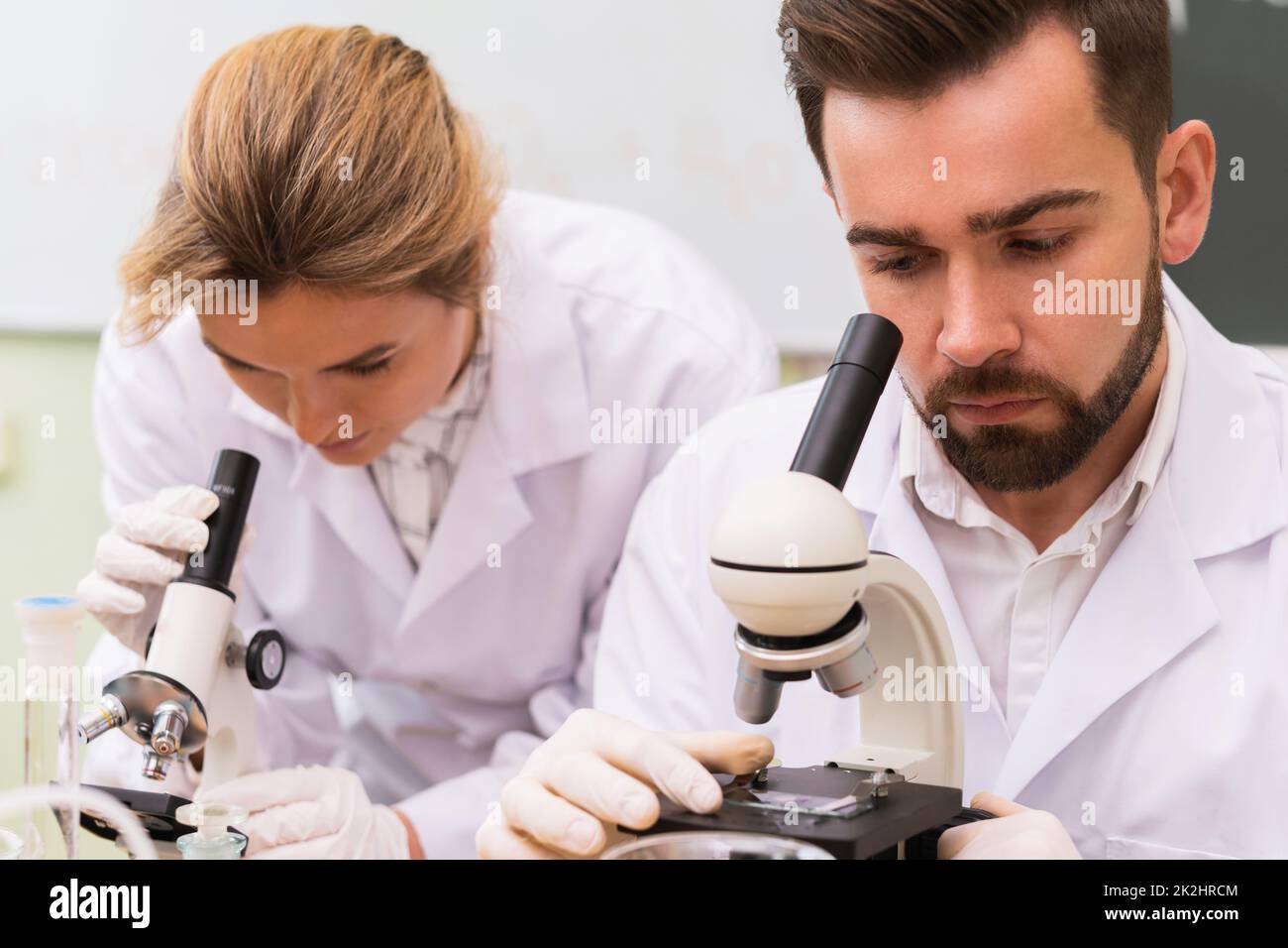 Two scientist colleagues are using microscopes during research in a ...