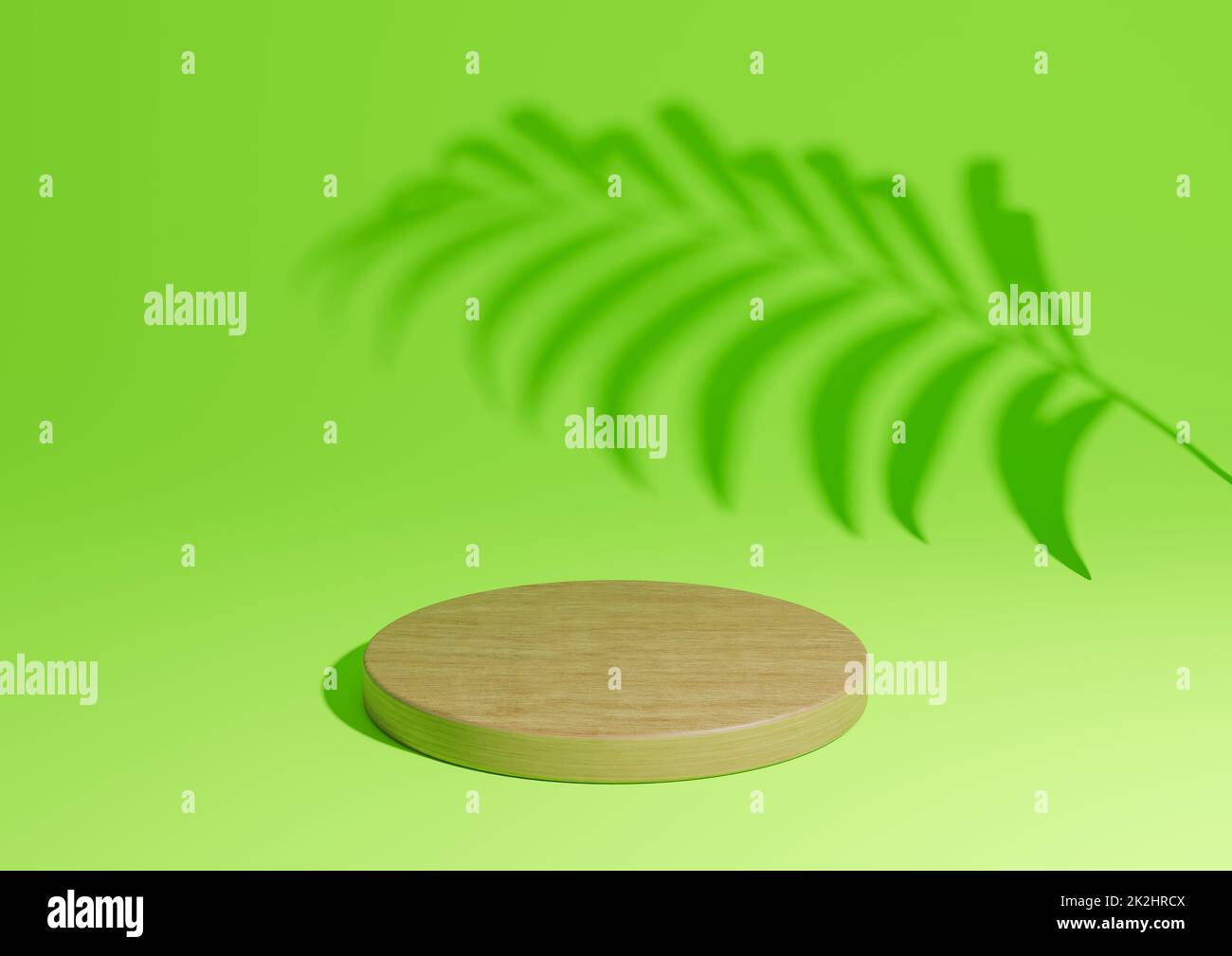 Bright, neon green simple 3D render minimal natural product display composition with one wood ...