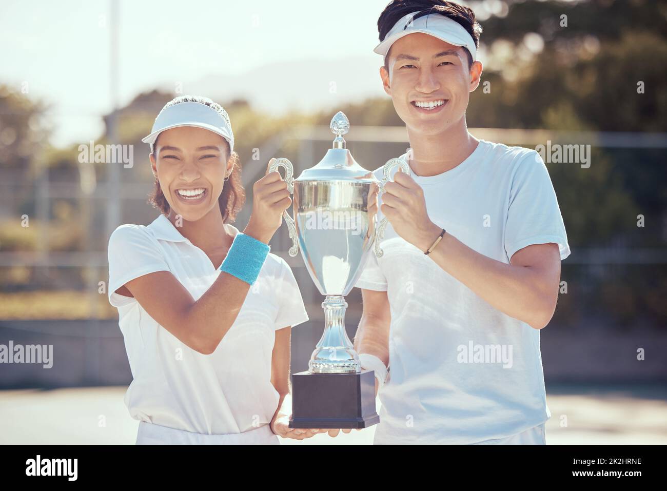 Champion, professional portrait and trophy for tennis tournament ...