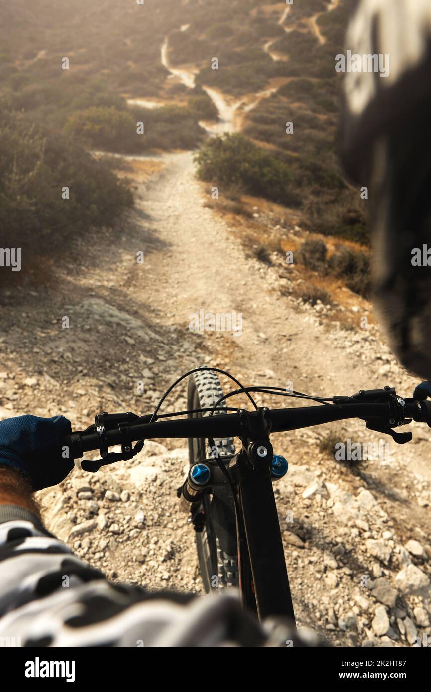 MTB bike rider during downhill ride on his bicycle in mountains Stock ...