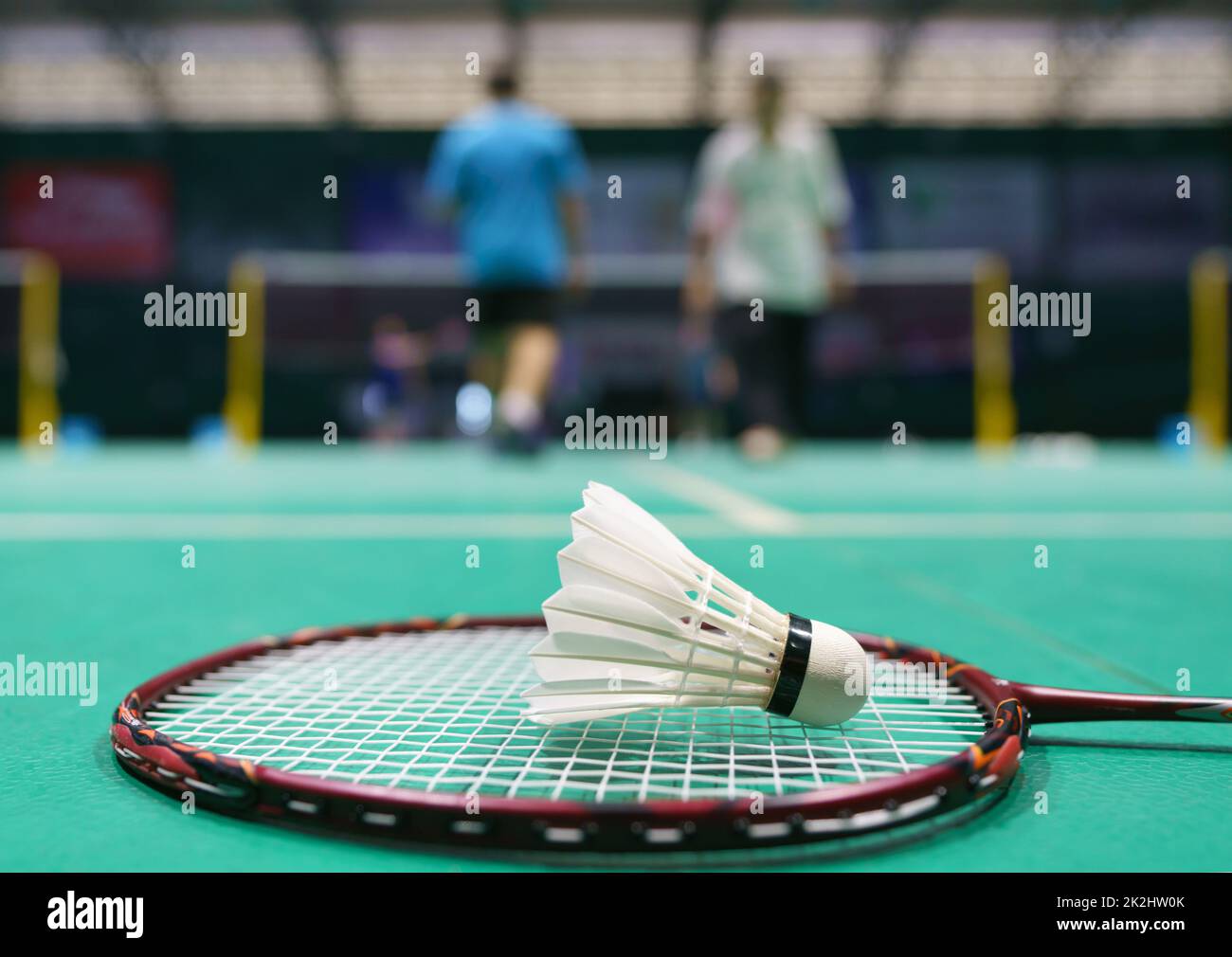 shuttlecock on green badminton playing court Stock Photo Alamy