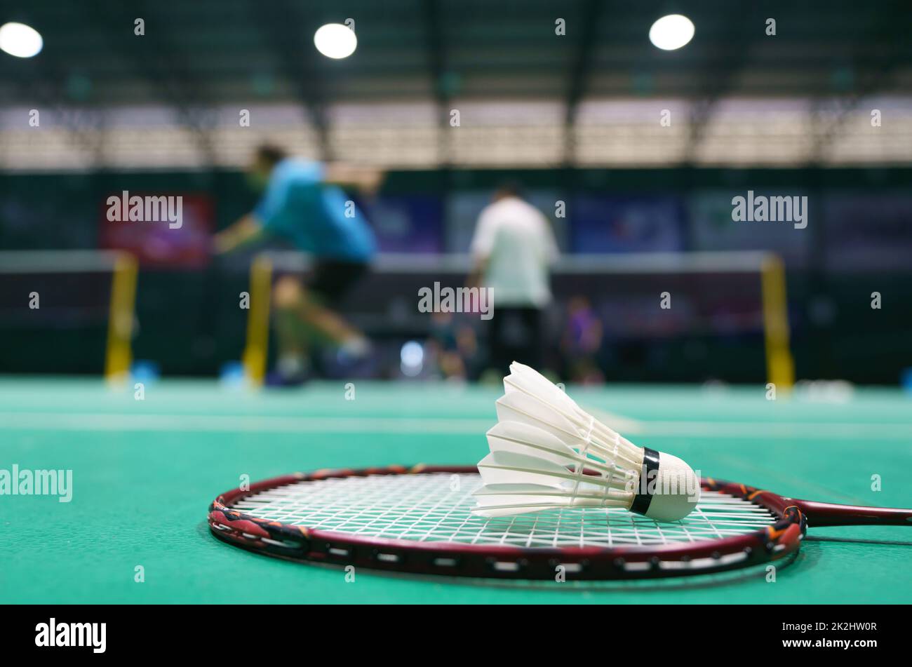shuttlecock on green badminton playing court Stock Photo - Alamy