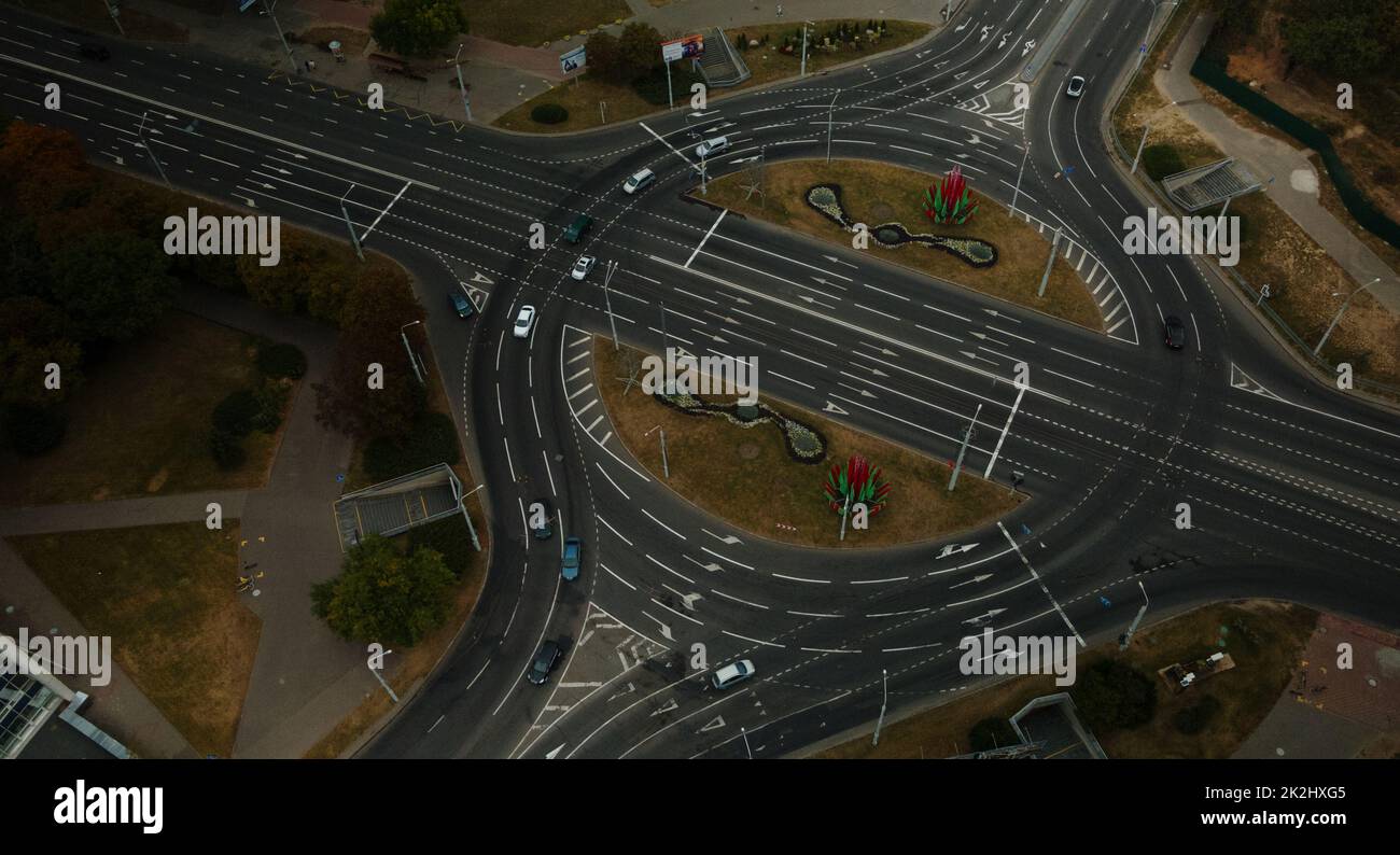 Busy city highway. Major road junction. Urban landscape. Aerial ...