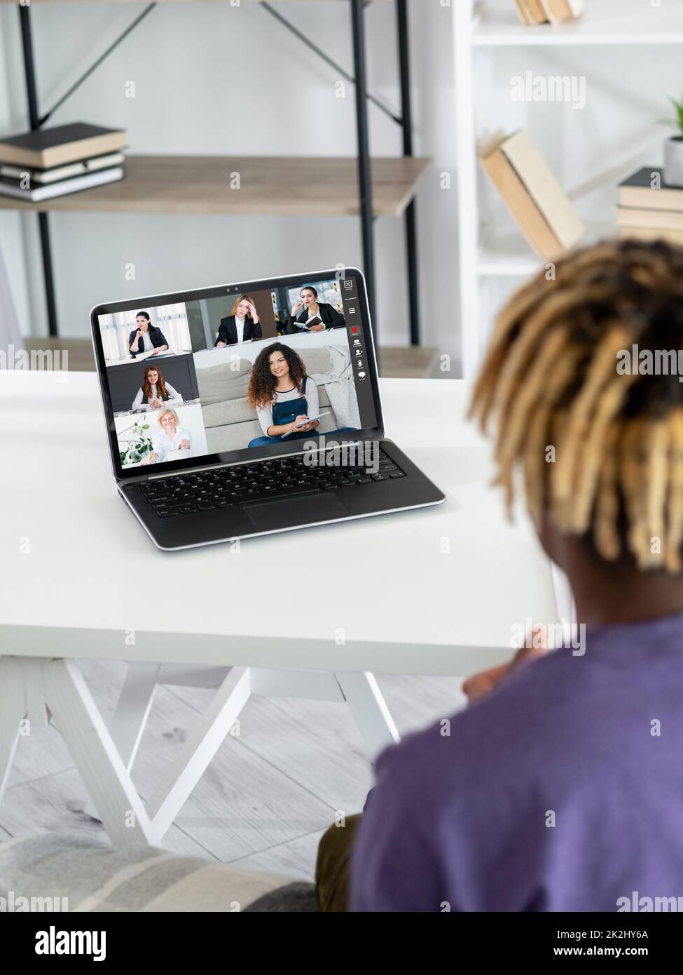 Group video call. Webinar class. Online learning. Female students ...