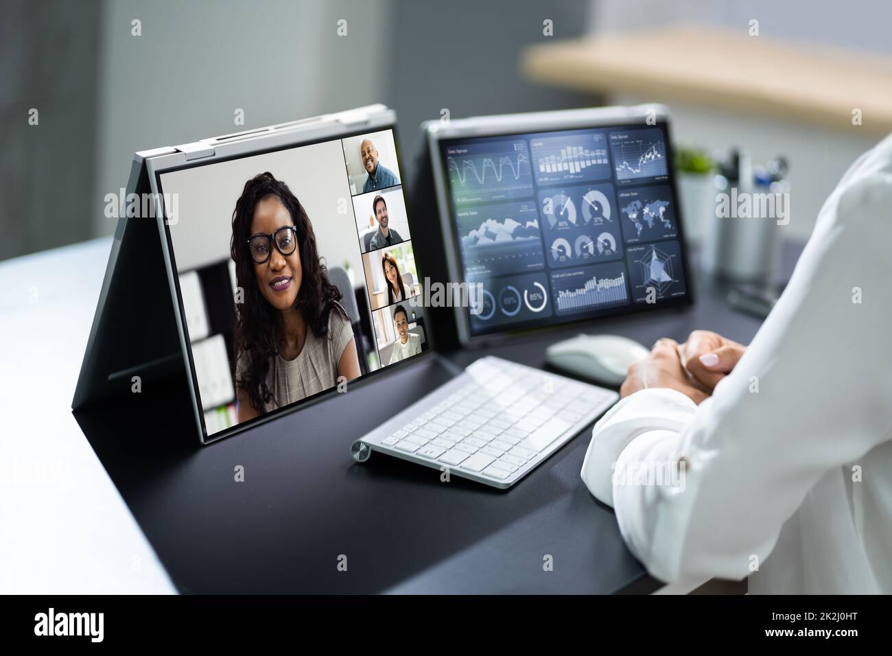 Online Video Conference Virtual Meeting On Multiple Screens Stock Photo ...