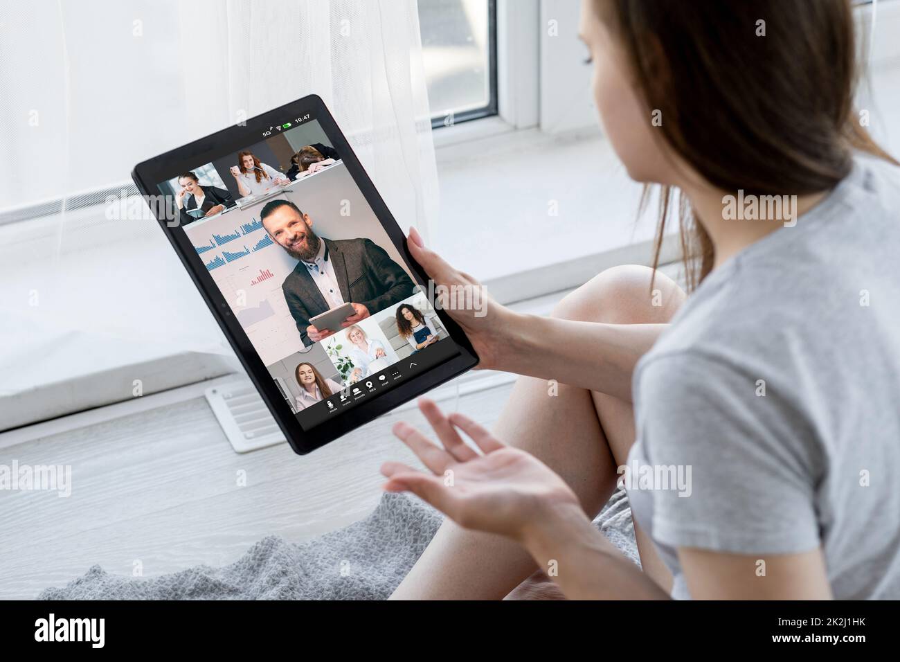 Online learning. Webinar class. Remote education. Relaxed female ...