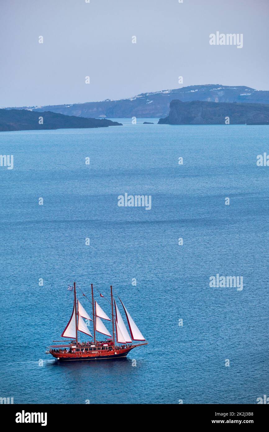 Schooner vessel ship boat in Aegean sea near Santorini island with ...