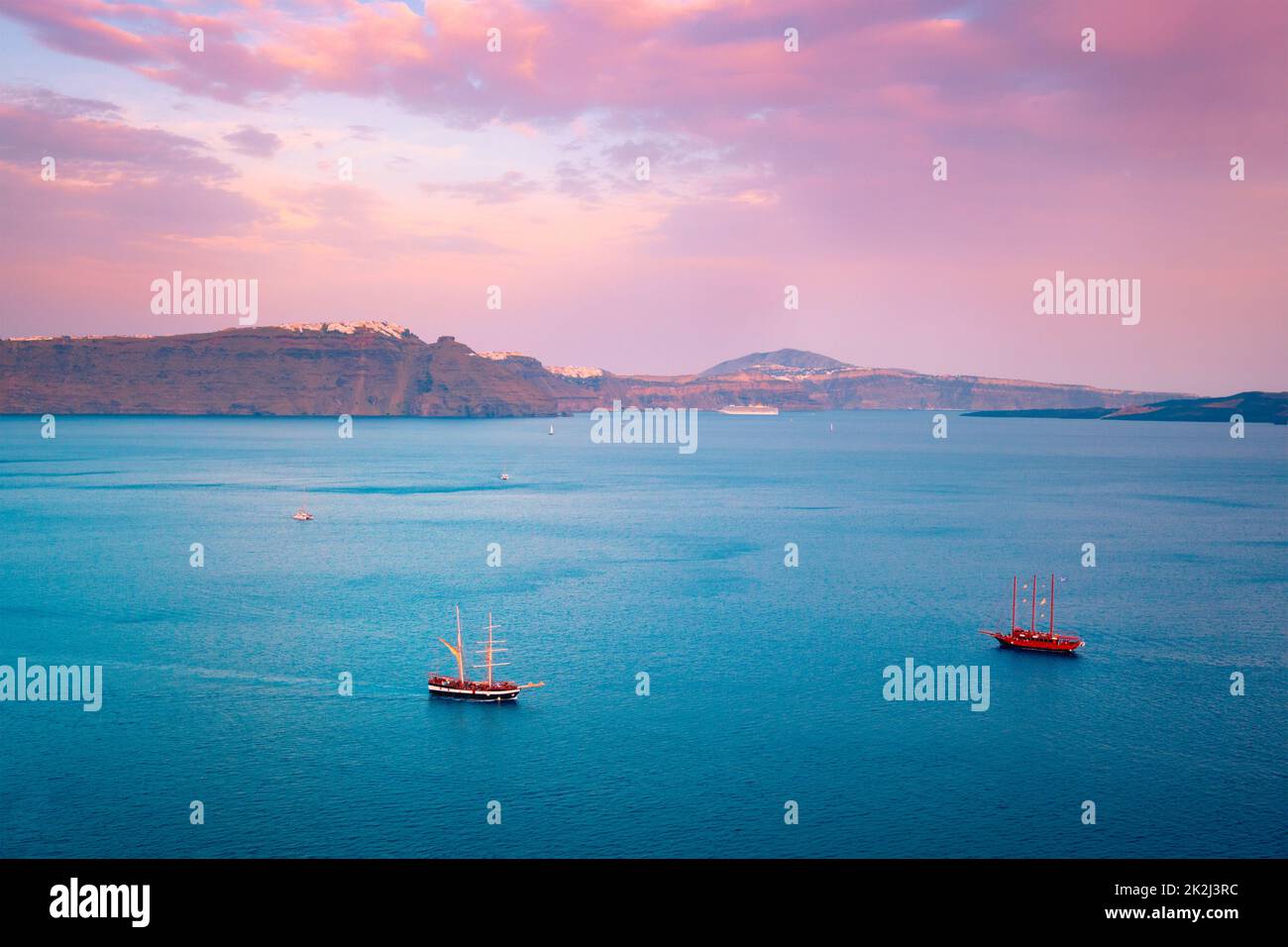 Schooner vessel ship boat in Aegean sea near Santorini island with ...