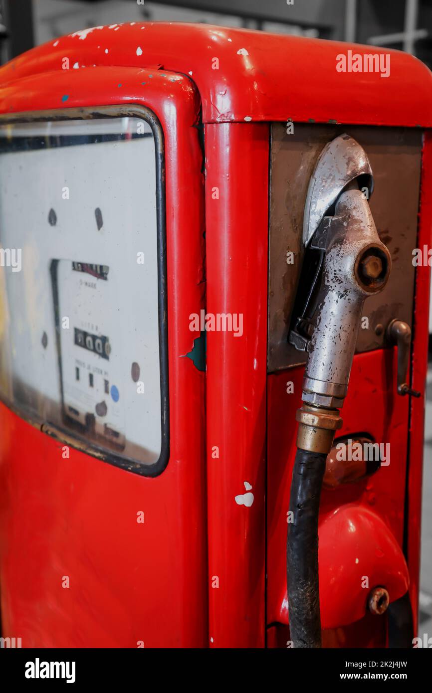 Shot, detail of an old red gasoline pump Stock Photo - Alamy