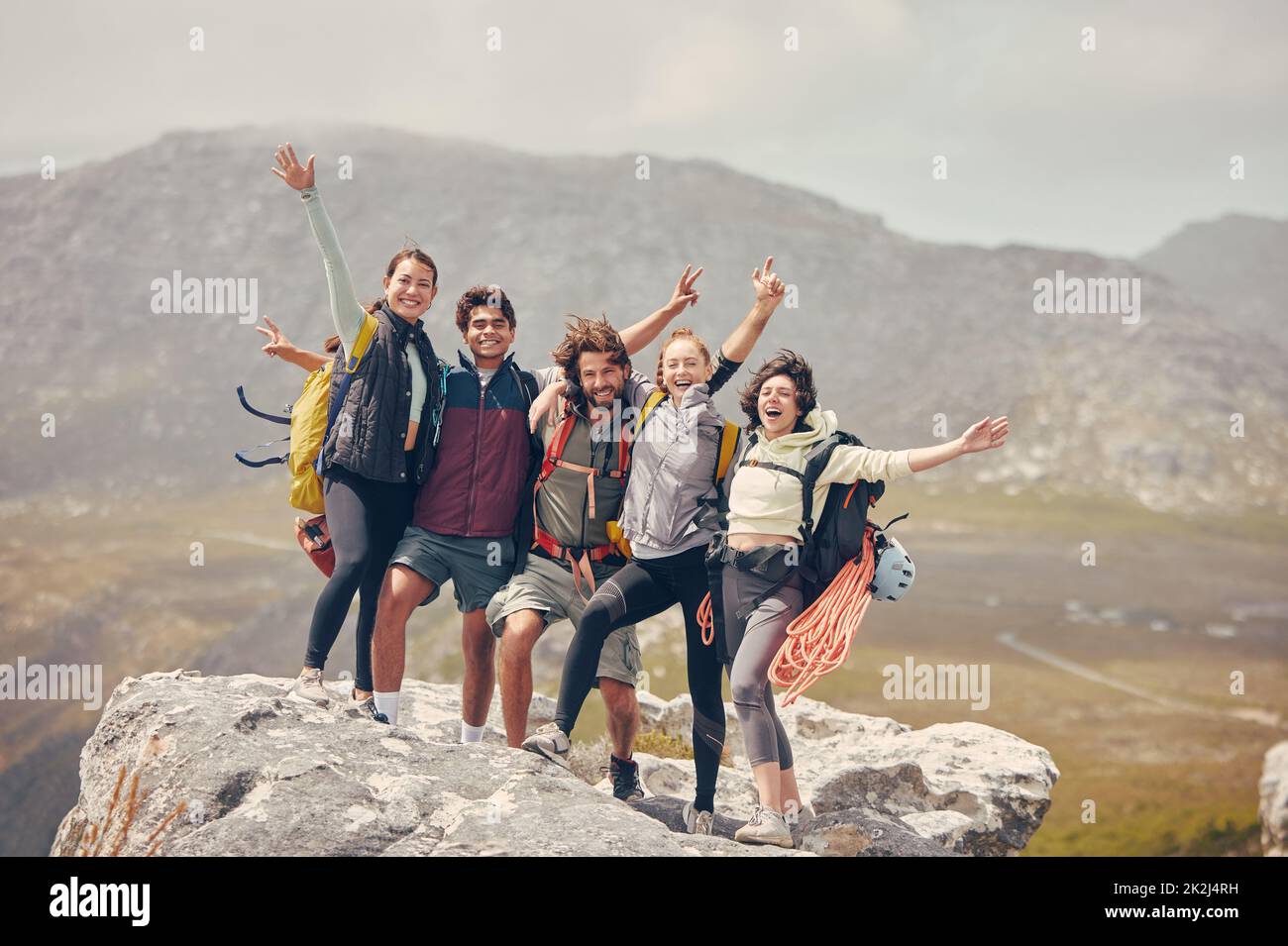 Hiking goals, mountains and friends portrait for fitness, adventure or ...
