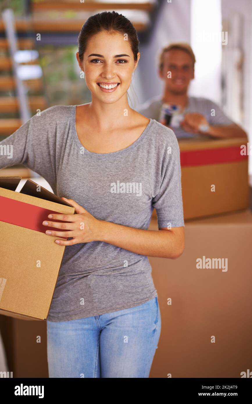 Moving day is finally here. Portrait of a young happy couple on moving ...