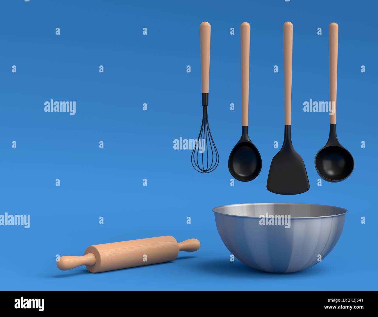 Metal bowl with kitchen utensil for preparation of dough on blue ...