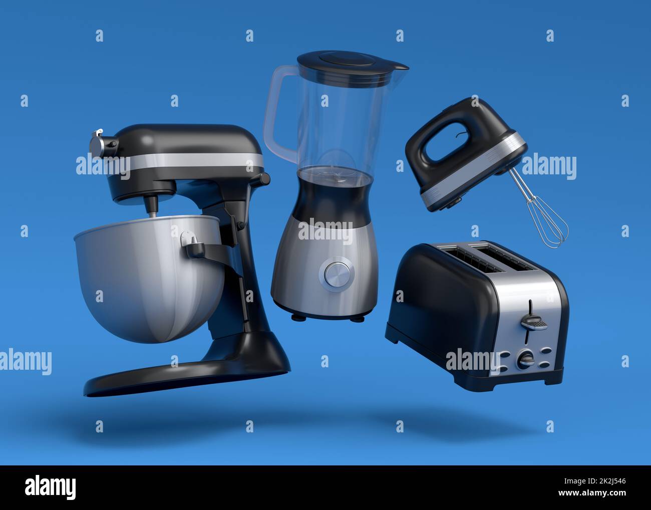 Electric kitchen appliances and utensils for making breakfast on blue ...