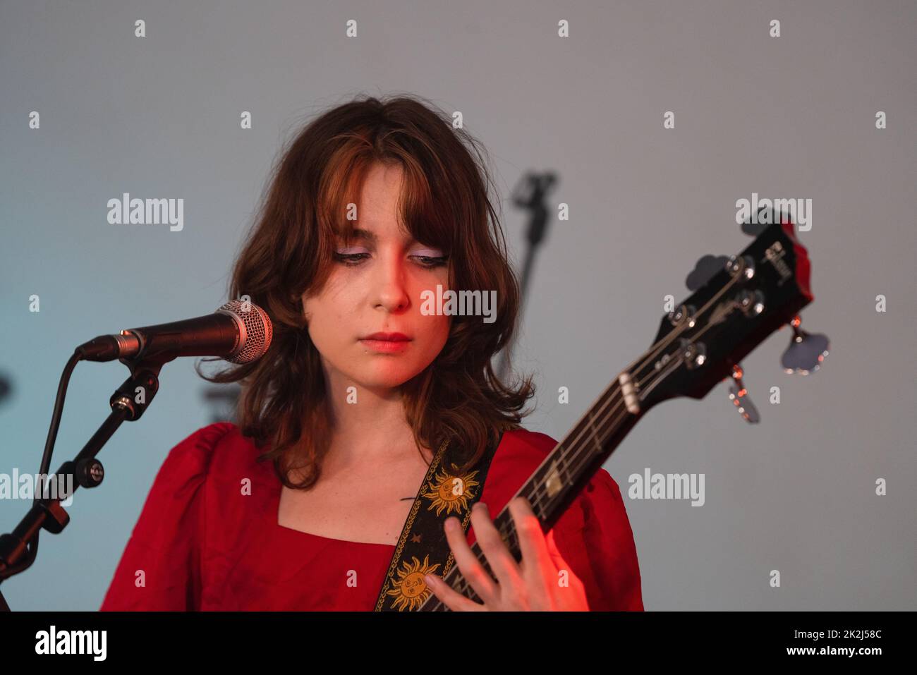 Bass player from Alice Low's band on the Rising Stage at Green Man 2022 ...