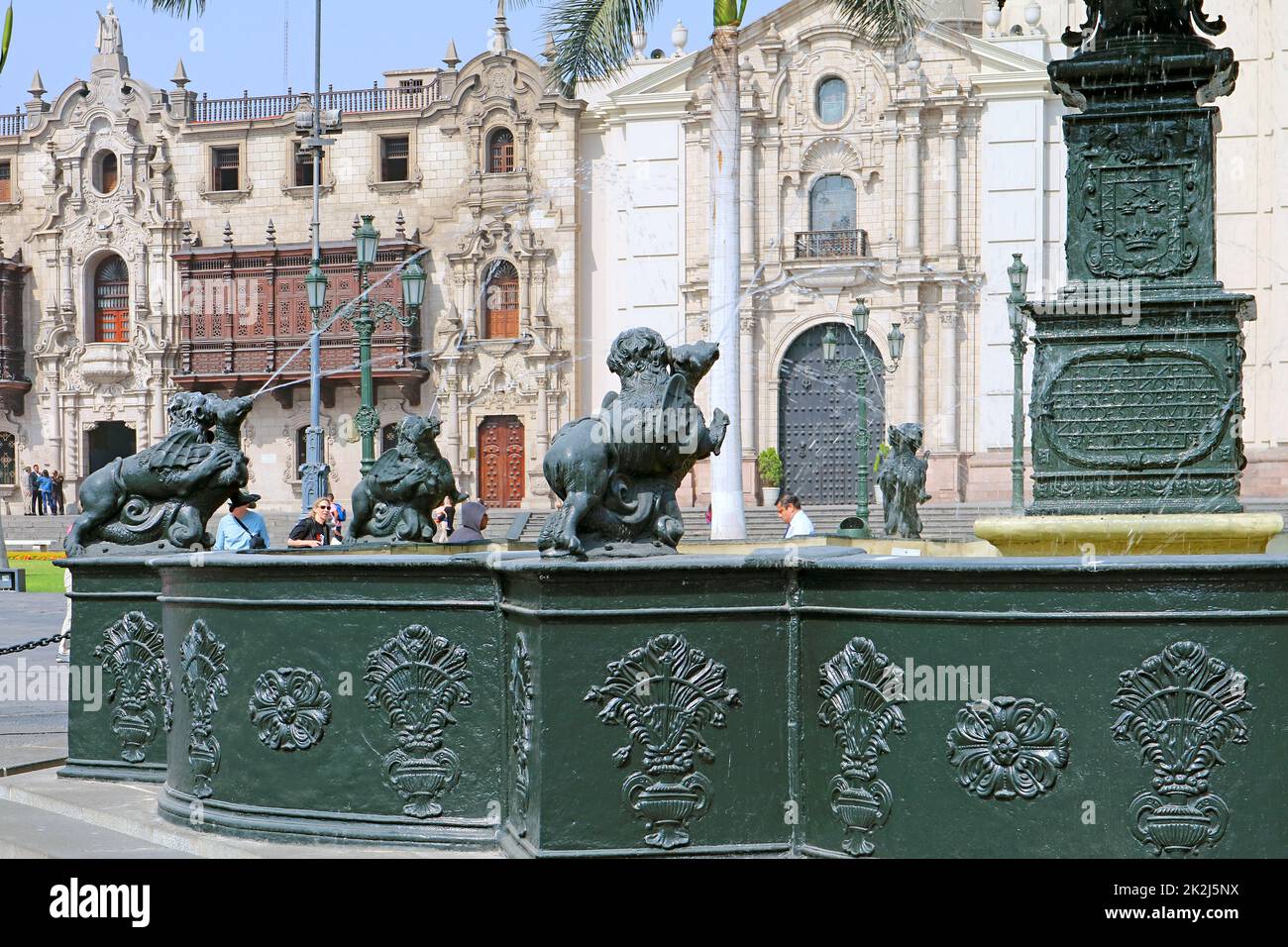 Gorgeous Fountain on Plaza Mayor de Lima with Archbishop's Palace of ...