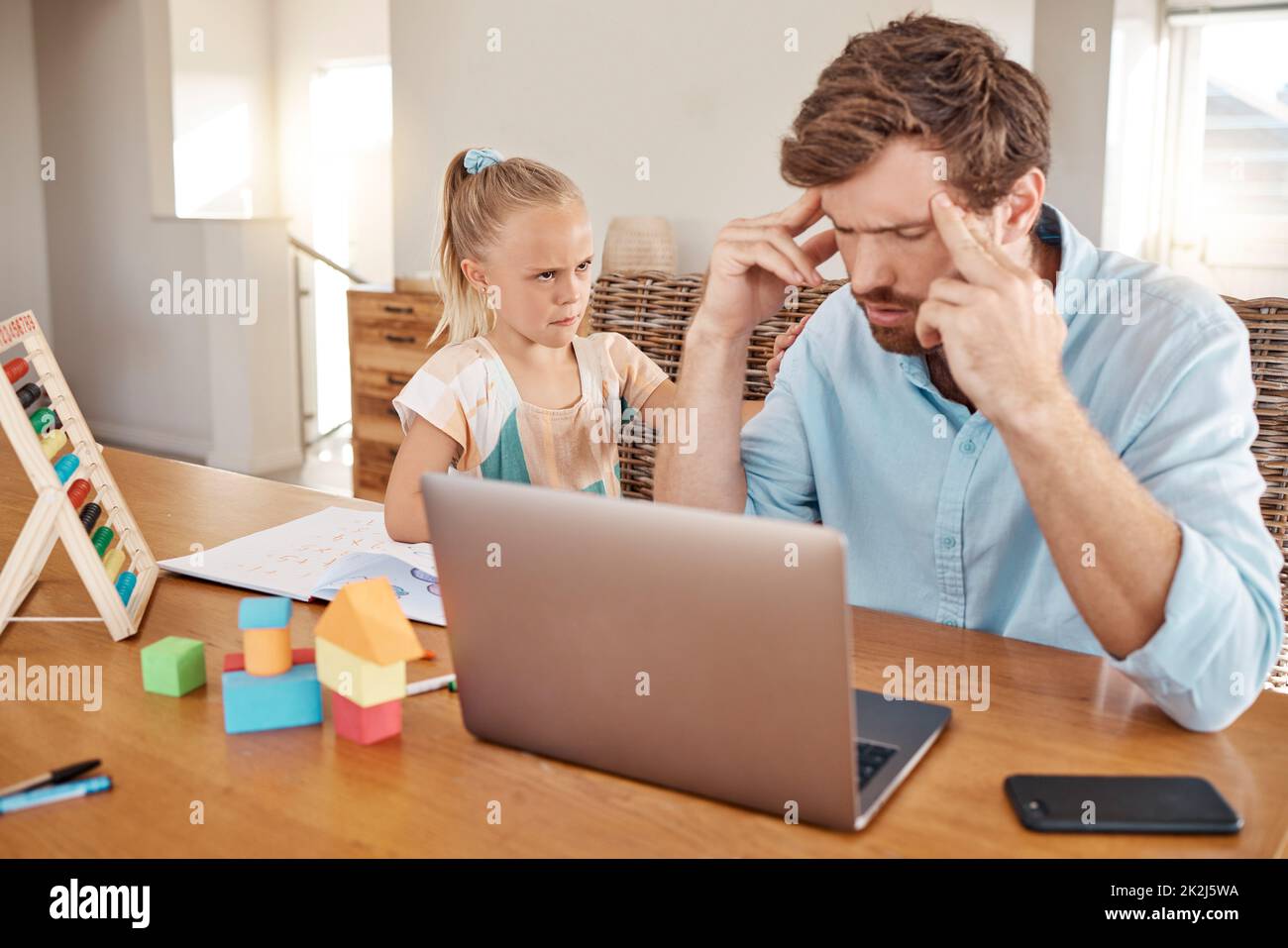 Education, homeschooling and headache with annoyed father helping his ...