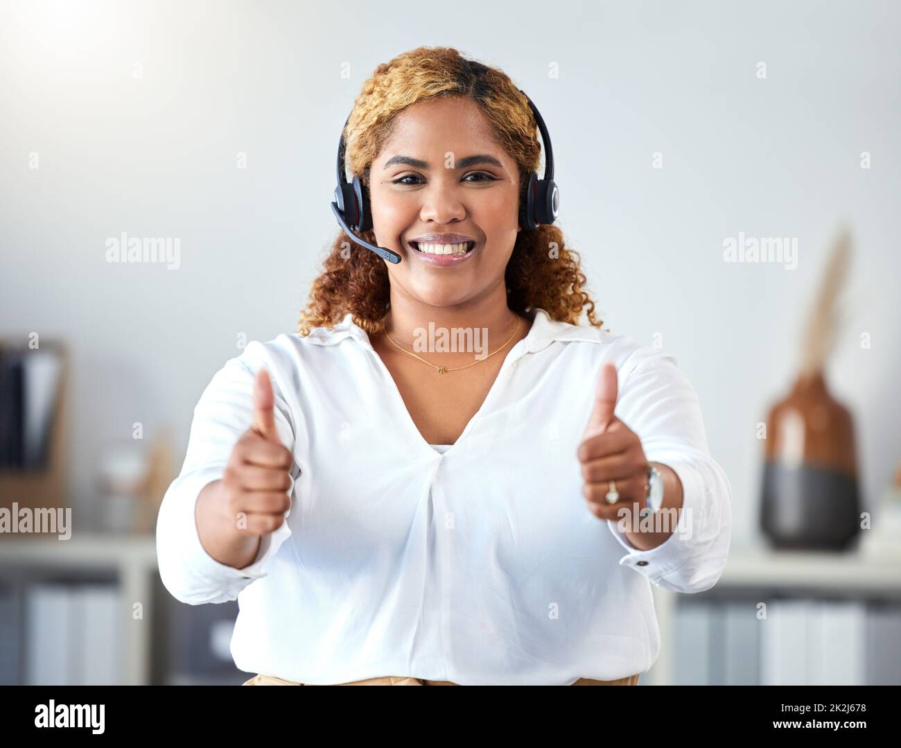 Thumbs up, crm and contact use with a call center agent working in ...