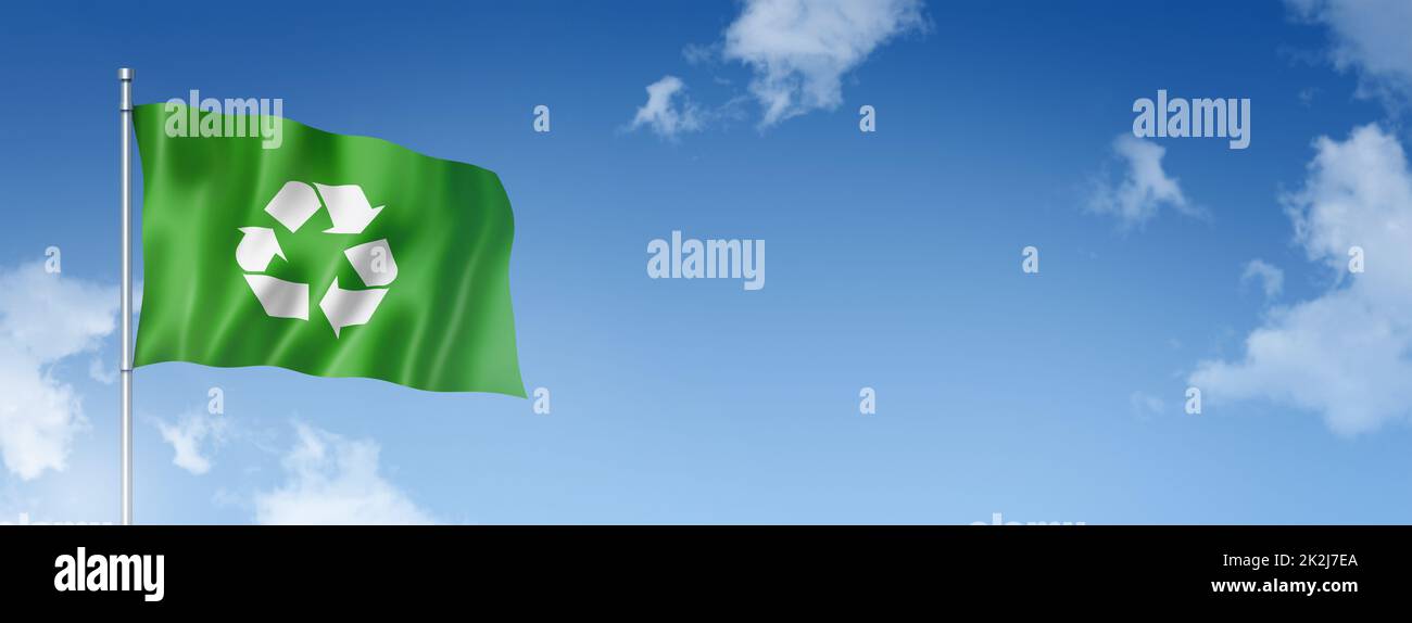 recycling symbol flag isolated on a blue sky. Horizontal banner Stock ...