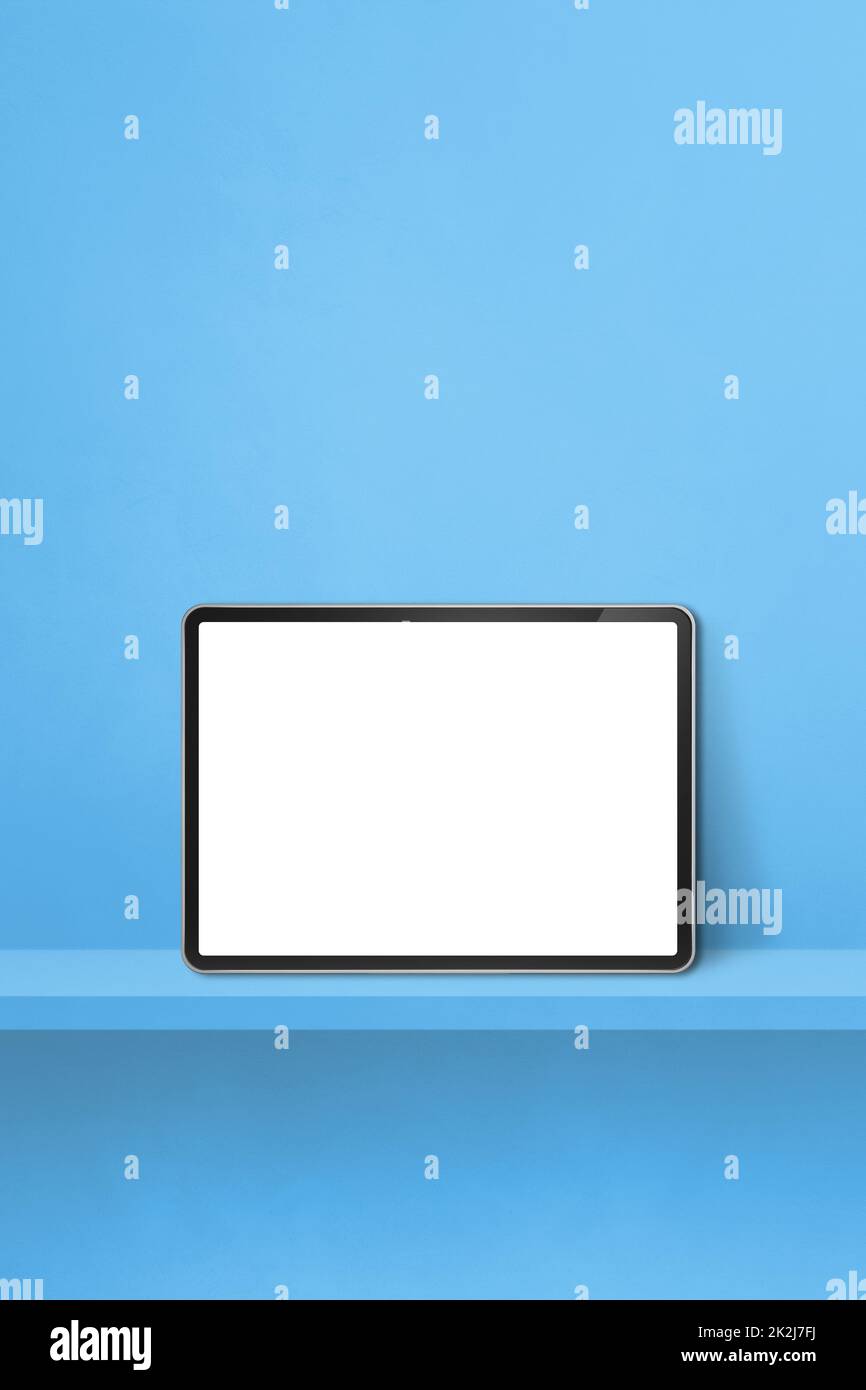 Digital tablet pc on blue wall shelf. Vertical background banner Stock ...