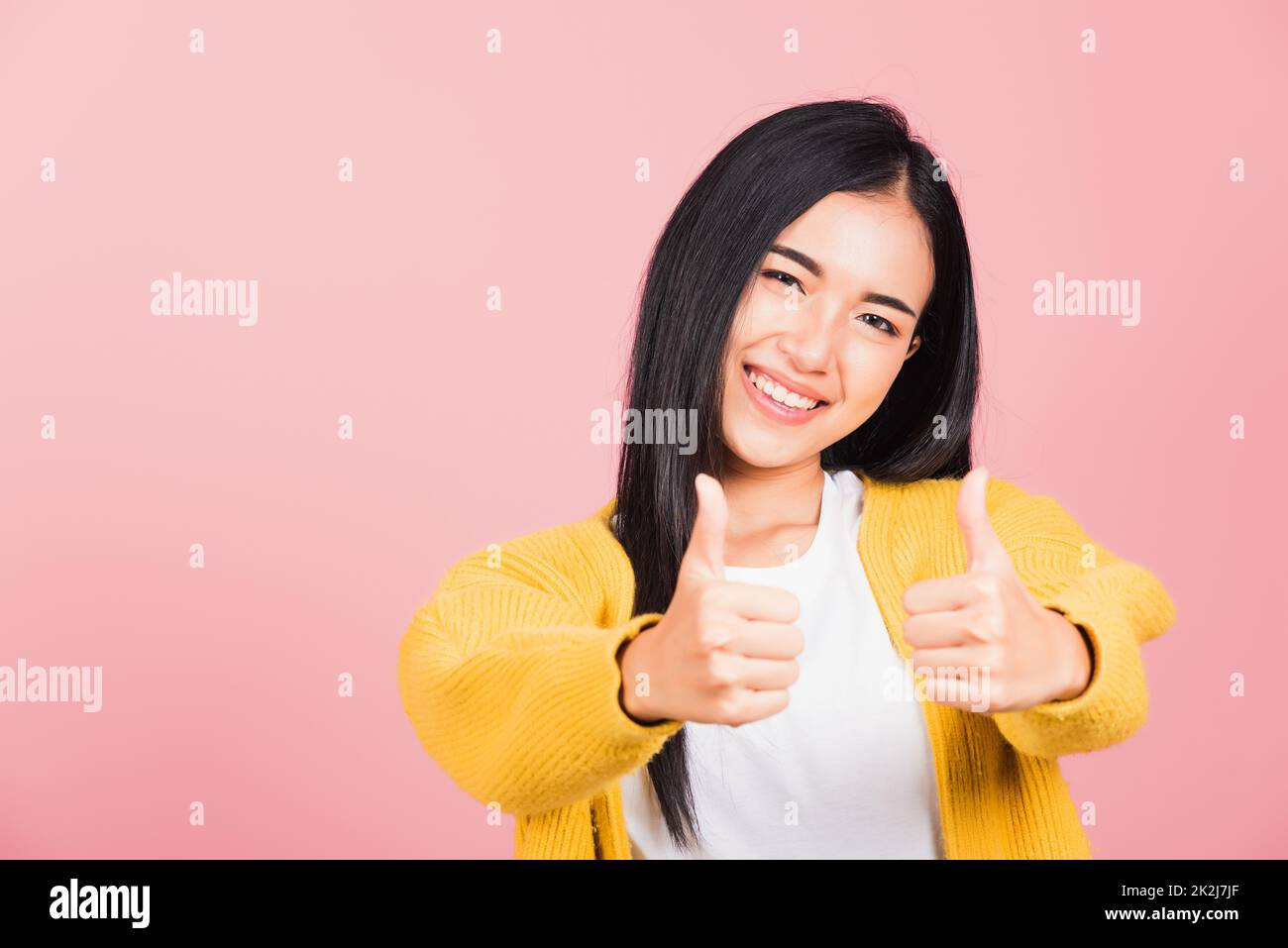 Portrait Asian beautiful young woman smile she standing made finger ...