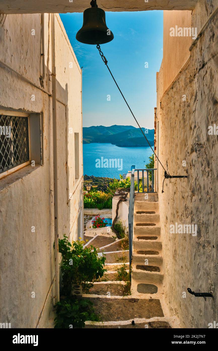 Greek village typical view with whitewashed houses and stairs. Plaka ...