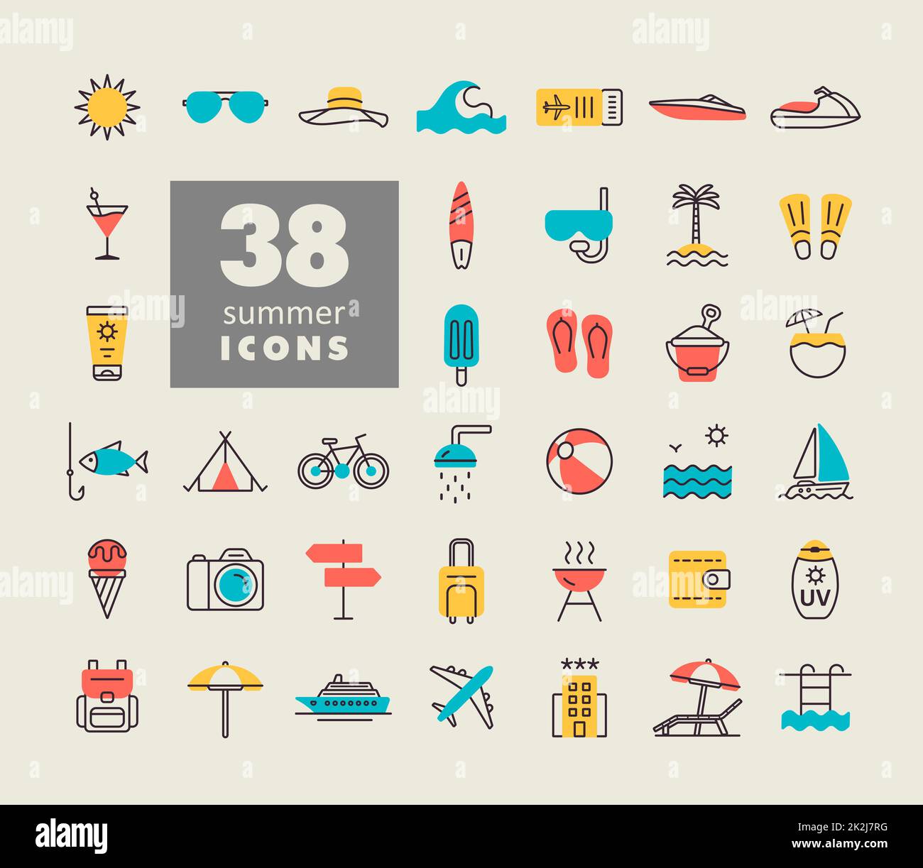 Summer vector flat icons set. Summertime sign Stock Photo - Alamy